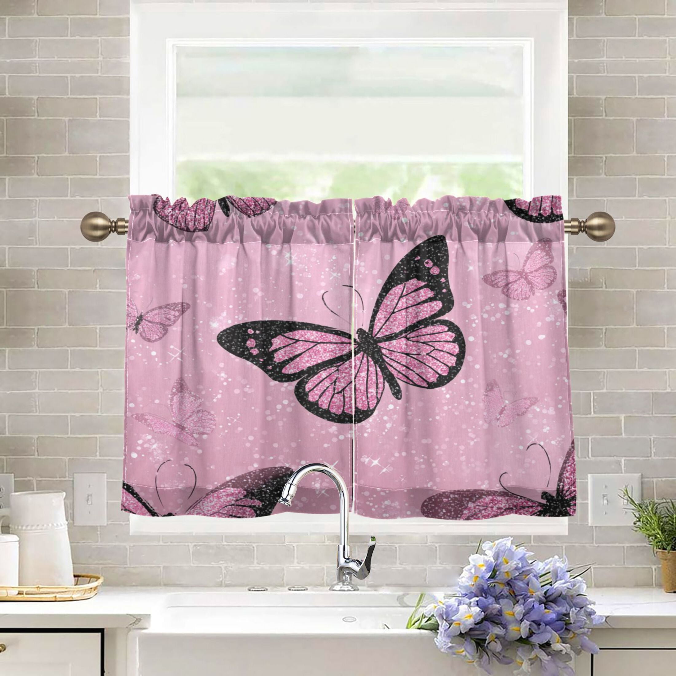 27"x36" Tier Curtains 2 Panels Pink Sequin Butterfly Semi Sheer Kitchen ...