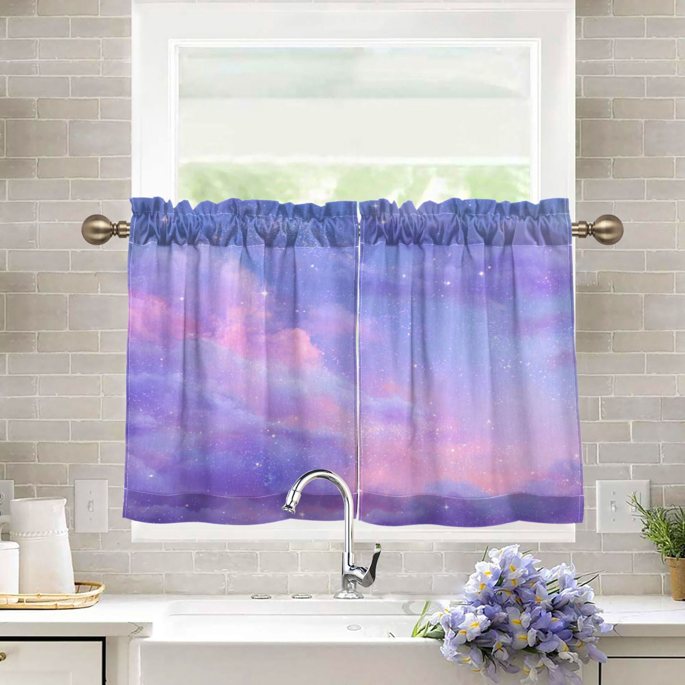 27"x36" Tier Curtains 2 Panels Purple Pink Twilight Galaxy Semi Sheer ...