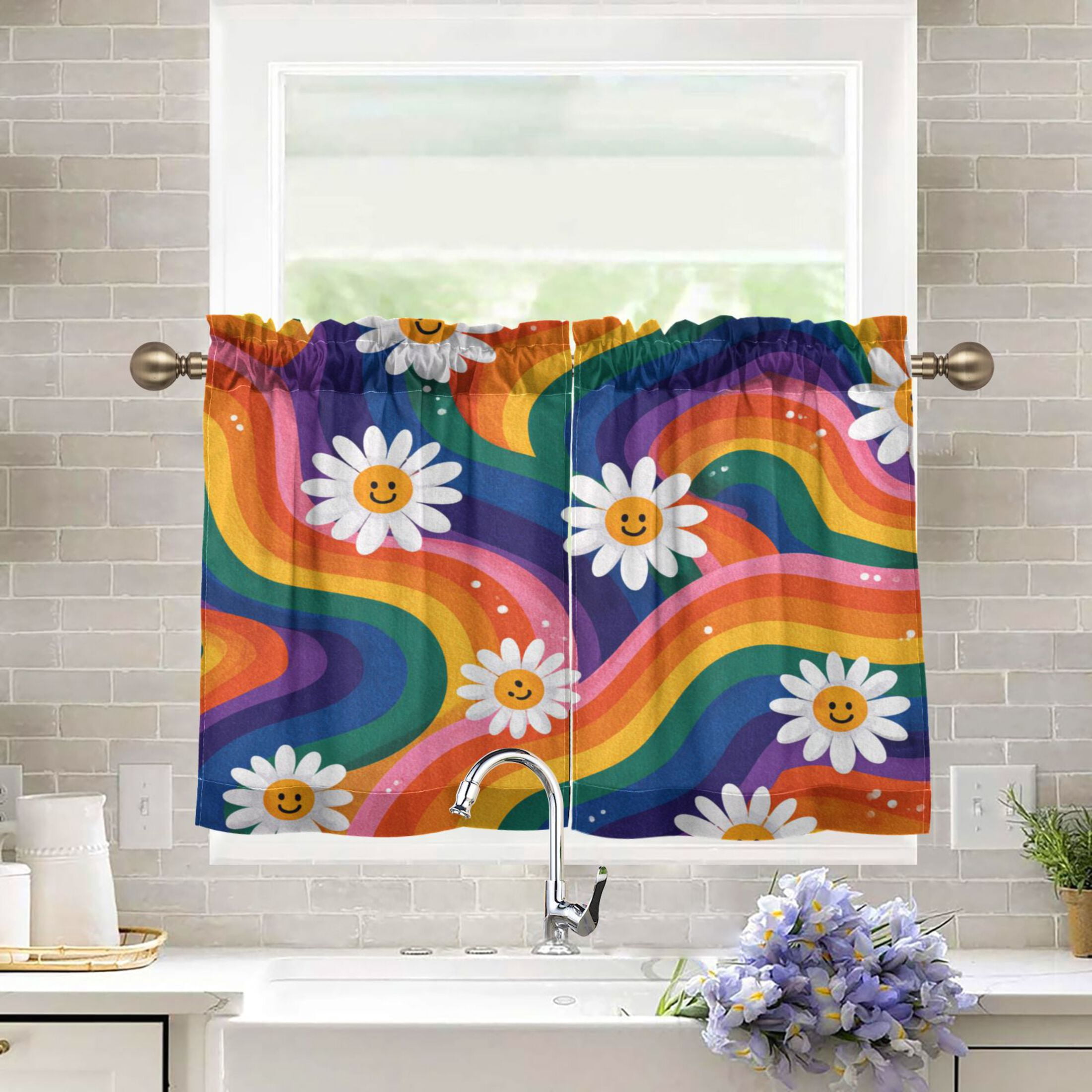 27"x36" Tier Curtains 2 Panels Rainbow-colored Waves with Daisies Semi ...