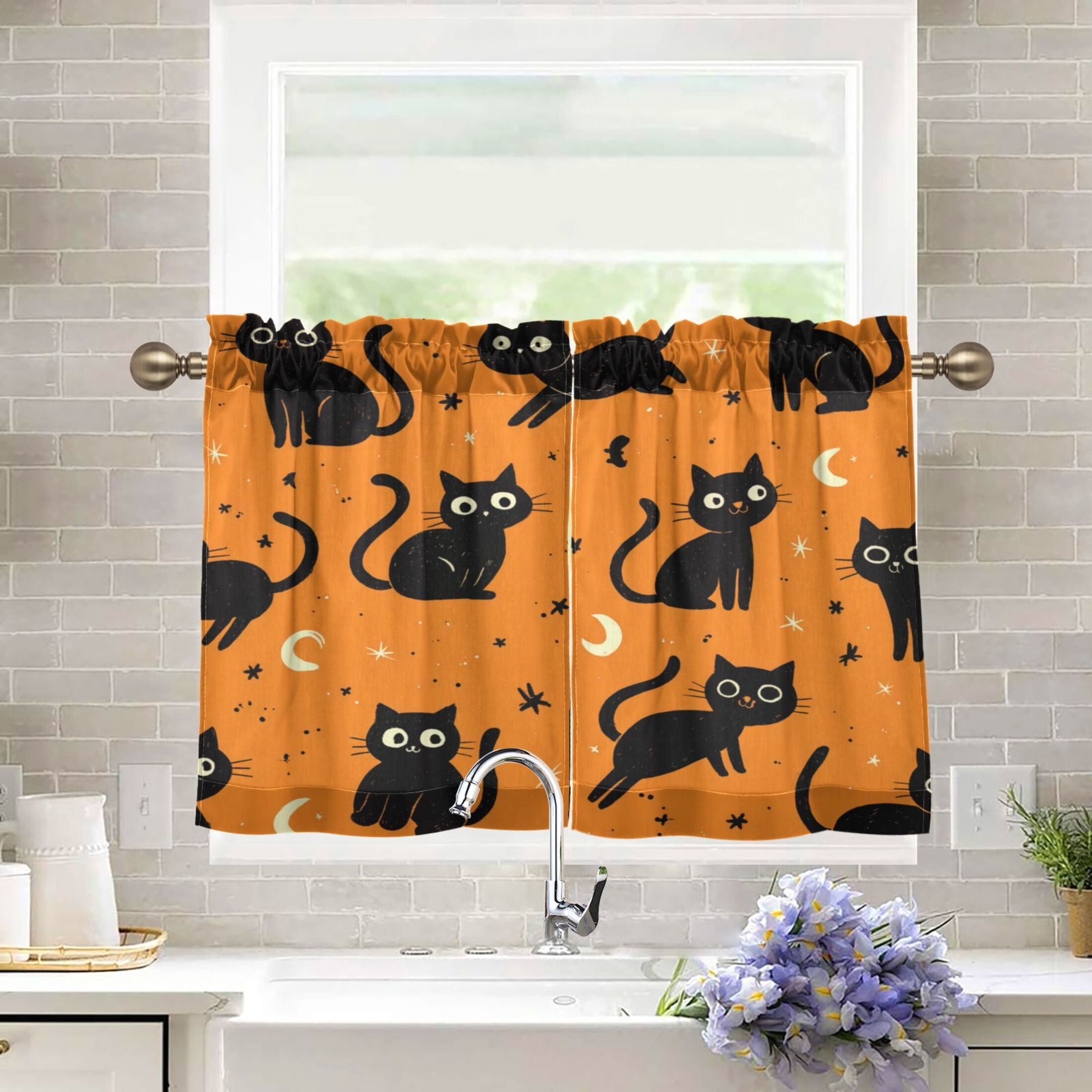 27"x36" Tier Curtains 2 Panels Repetitive Play Black Cat Pattern Semi ...