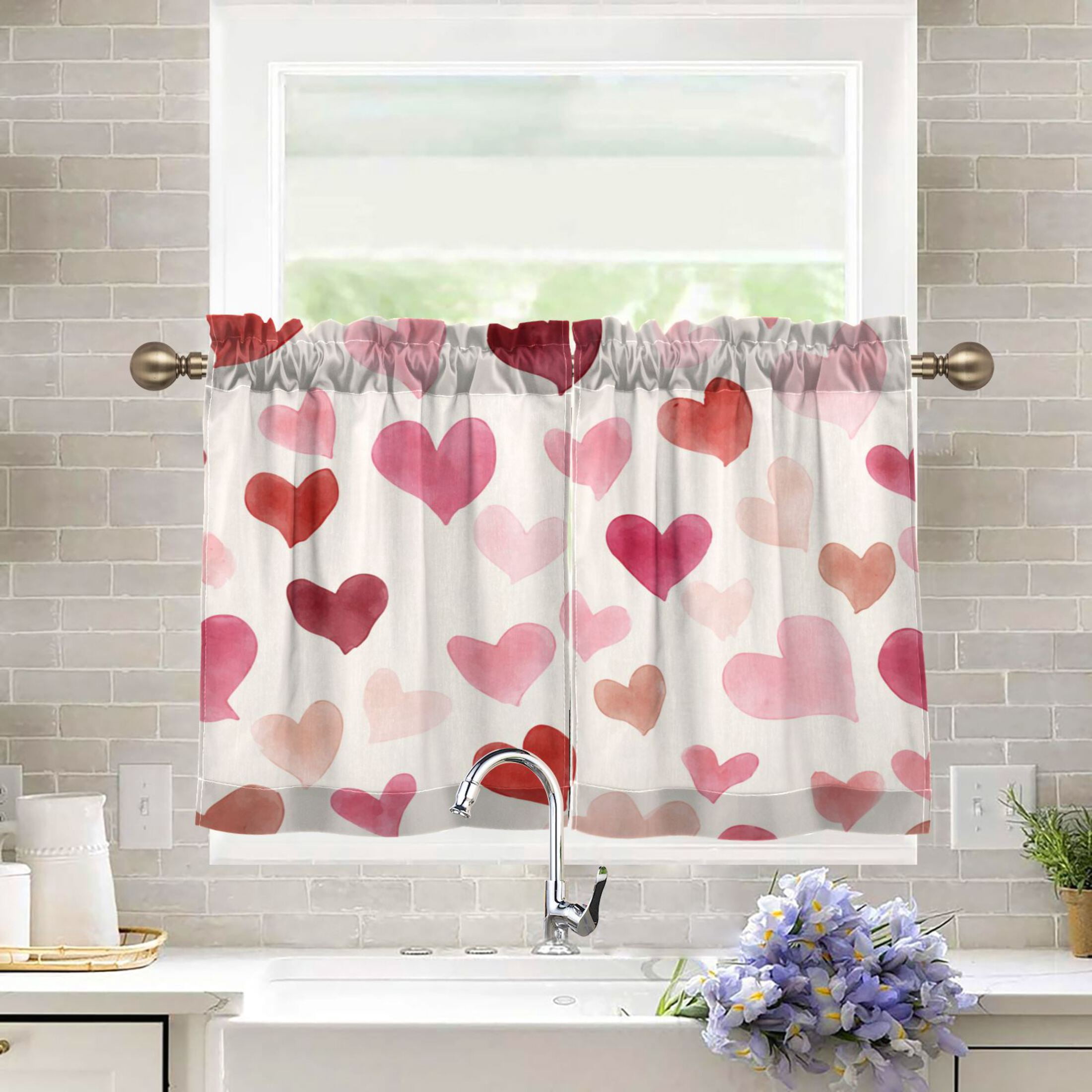 27"x36" Tier Curtains 2 Panels Romantic Heart Scatter Semi Sheer ...