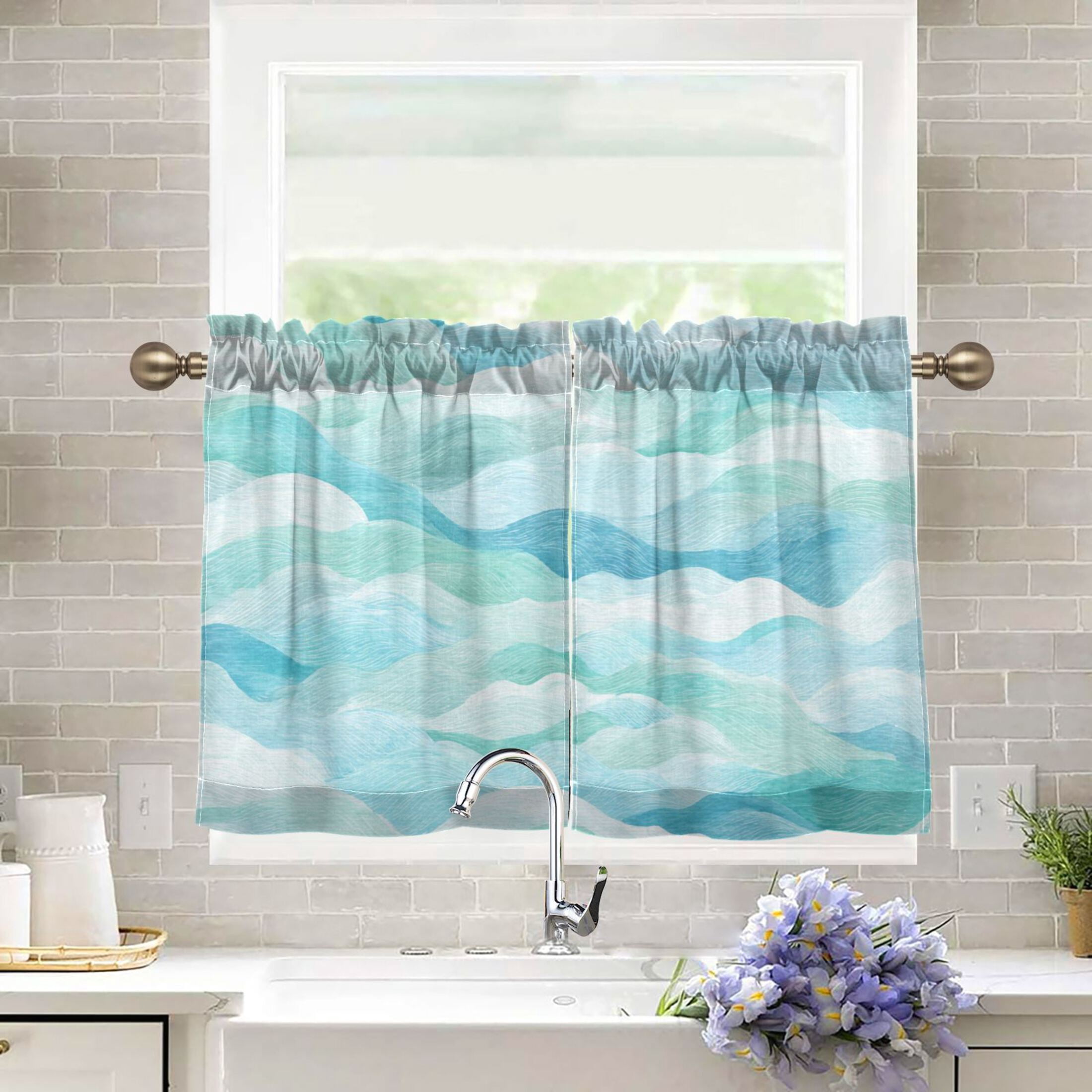 27"x36" Tier Curtains 2 Panels Serene Coastal Wave Print Semi Sheer ...