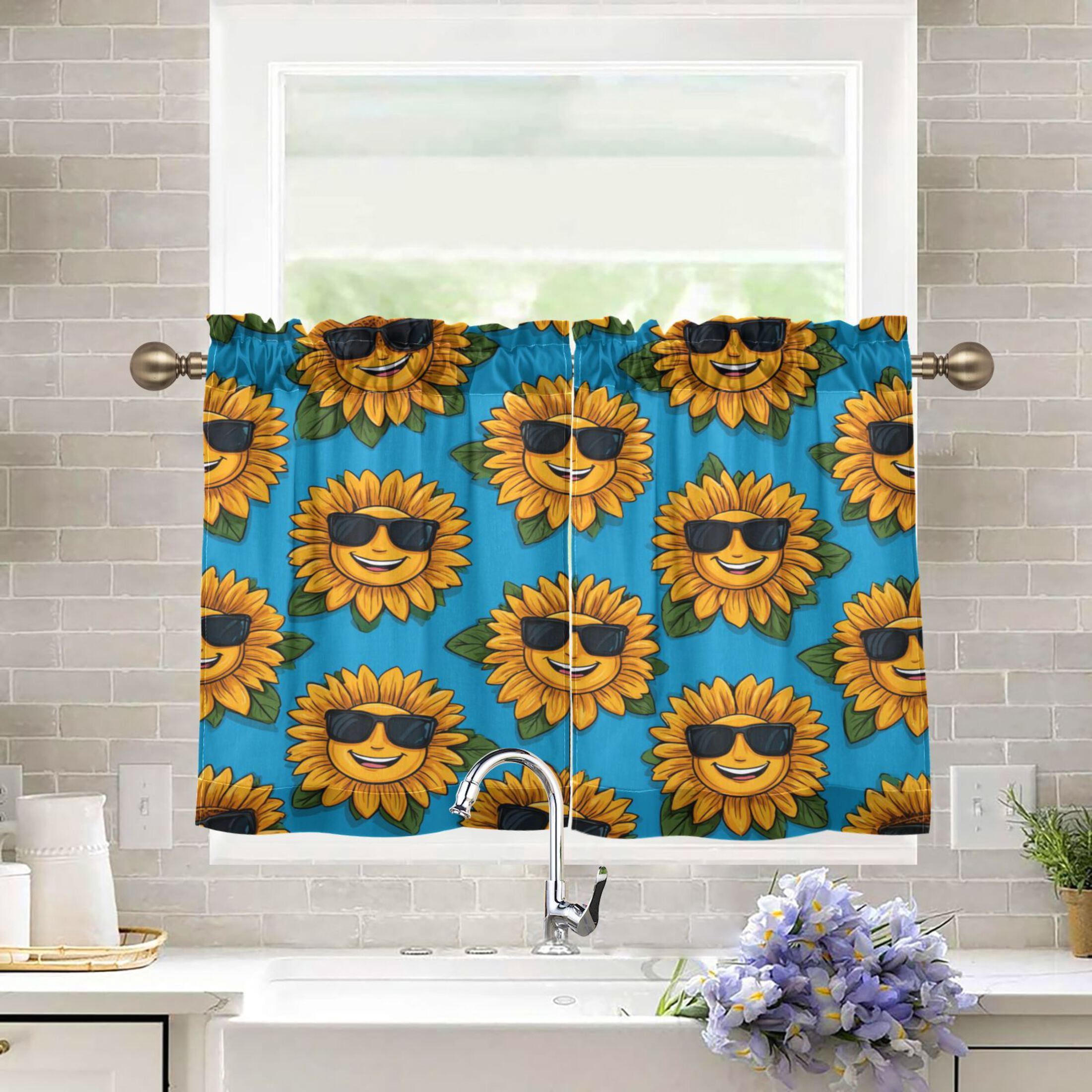 27"x36" Tier Curtains 2 Panels Smiley Sunglasses Sunflowers Semi Sheer ...