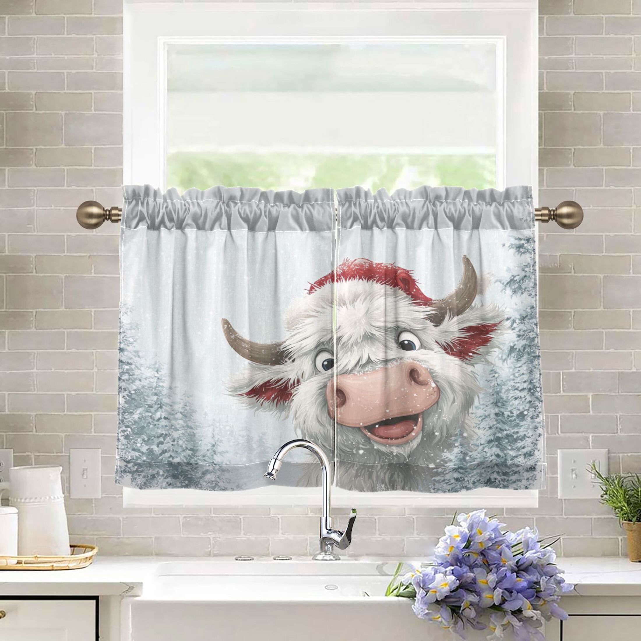 27"x36" Tier Curtains 2 Panels Snow Highland Cow Semi Sheer Kitchen ...