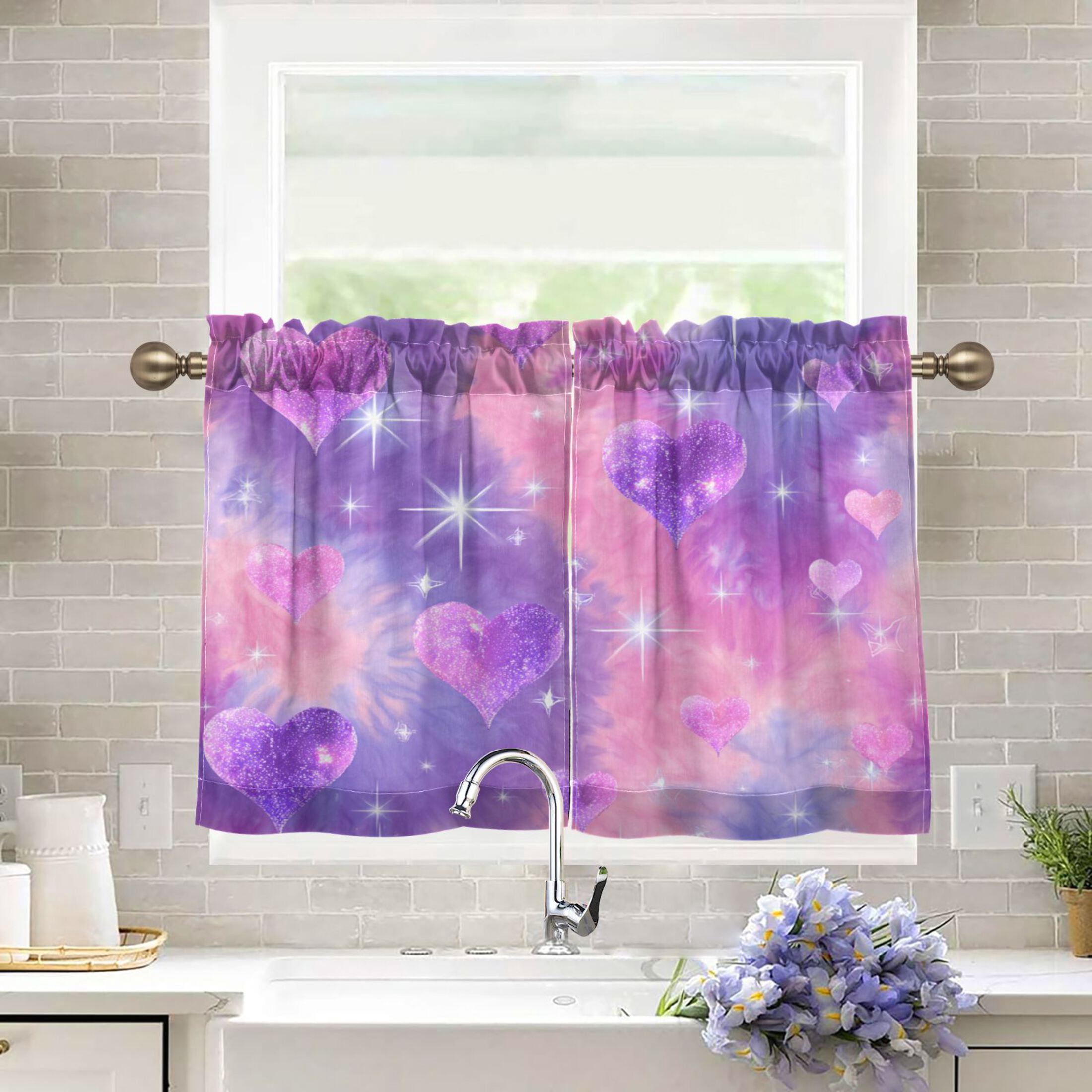 27"x36" Tier Curtains 2 Panels Sparkle Purple Pink Heart Print Semi ...