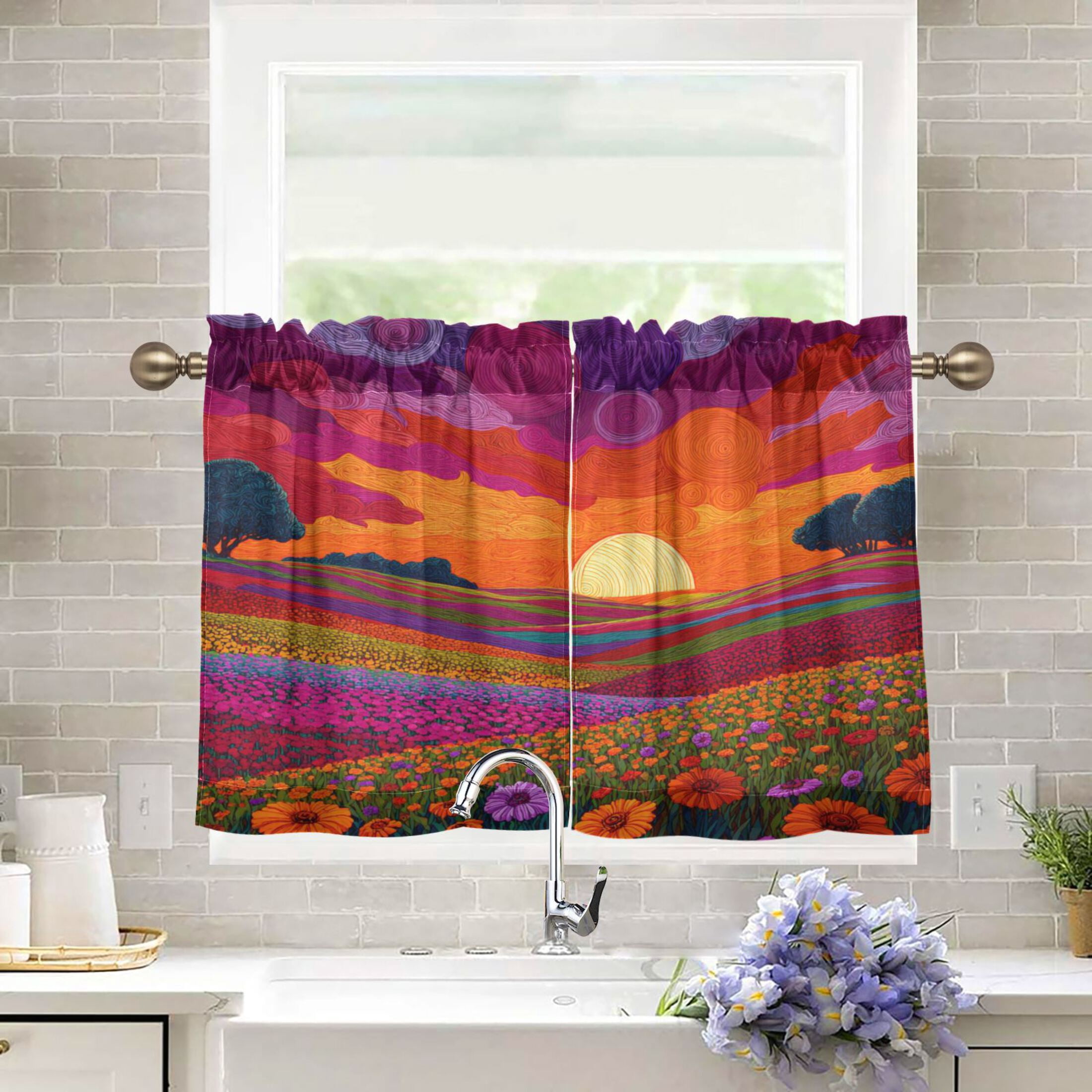 27"x36" Tier Curtains 2 Panels Spiral Art Sunset Landscape Semi Sheer ...
