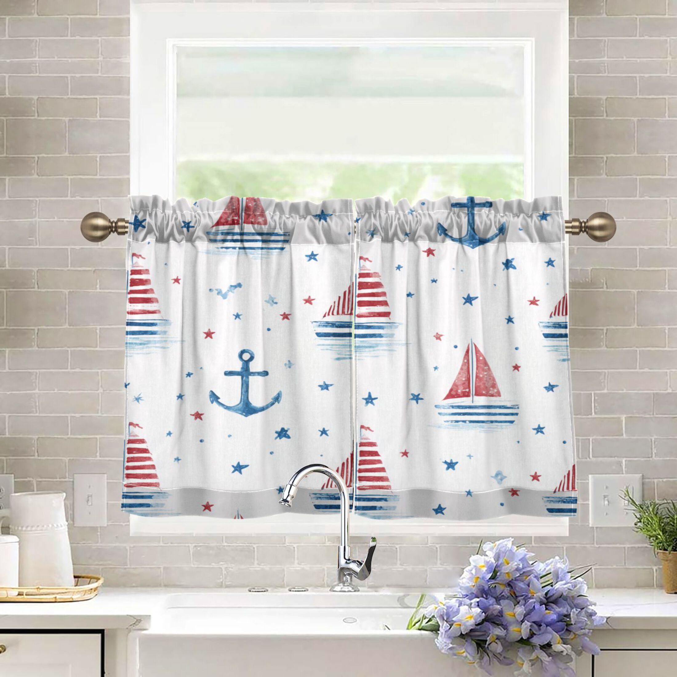 27"x36" Tier Curtains 2 Panels Starry Coastal Sailboat Repeat Semi ...
