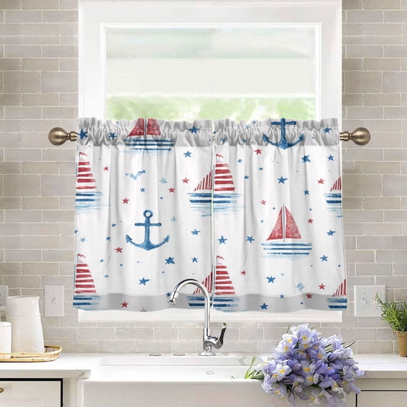 27"x36" Tier Curtains 2 Panels Starry Coastal Sailboat Repeat Semi ...