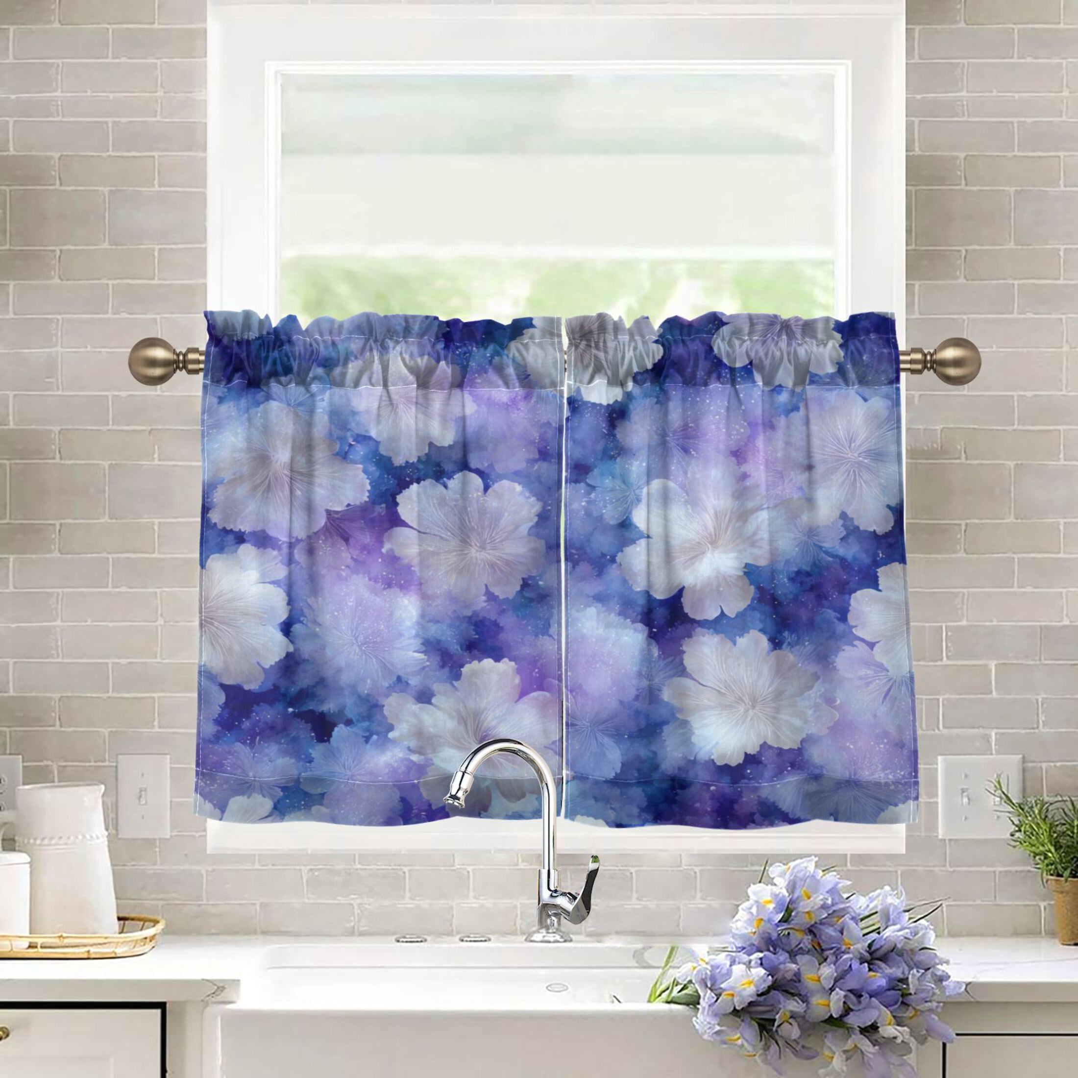 27"x36" Tier Curtains 2 Panels Starry Watercolor Floral Print Semi ...