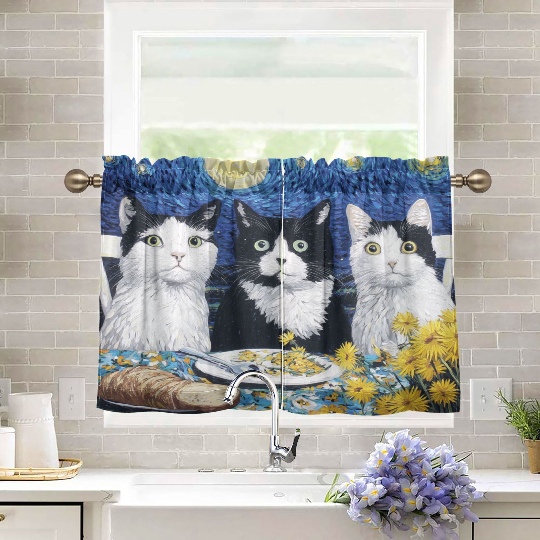 27"x36" Tier Curtains 2 Panels Three Cats Dinner Semi Sheer Kitchen ...