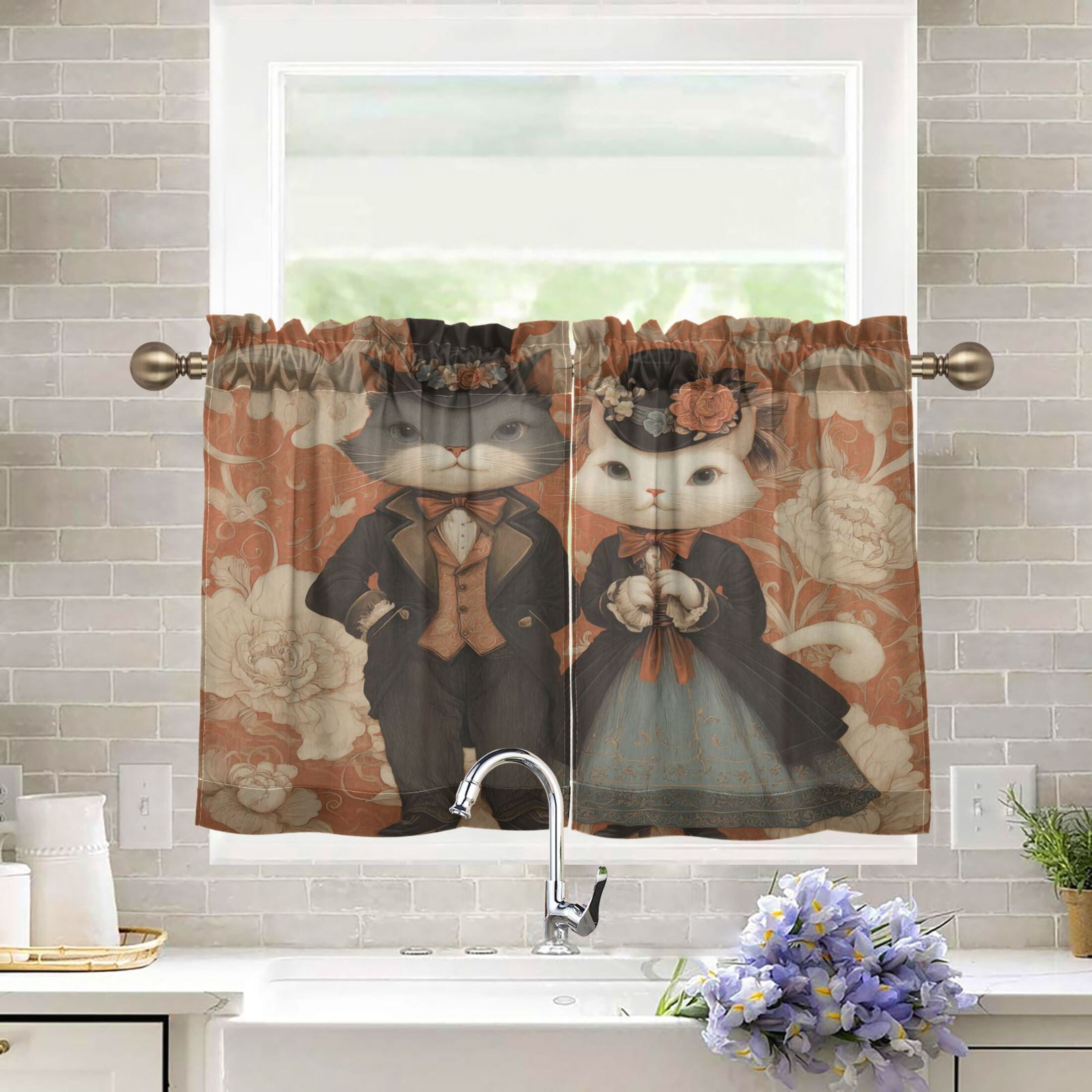 27"x36" Tier Curtains 2 Panels Two Cute Anthropomorphic Cats Semi Sheer ...