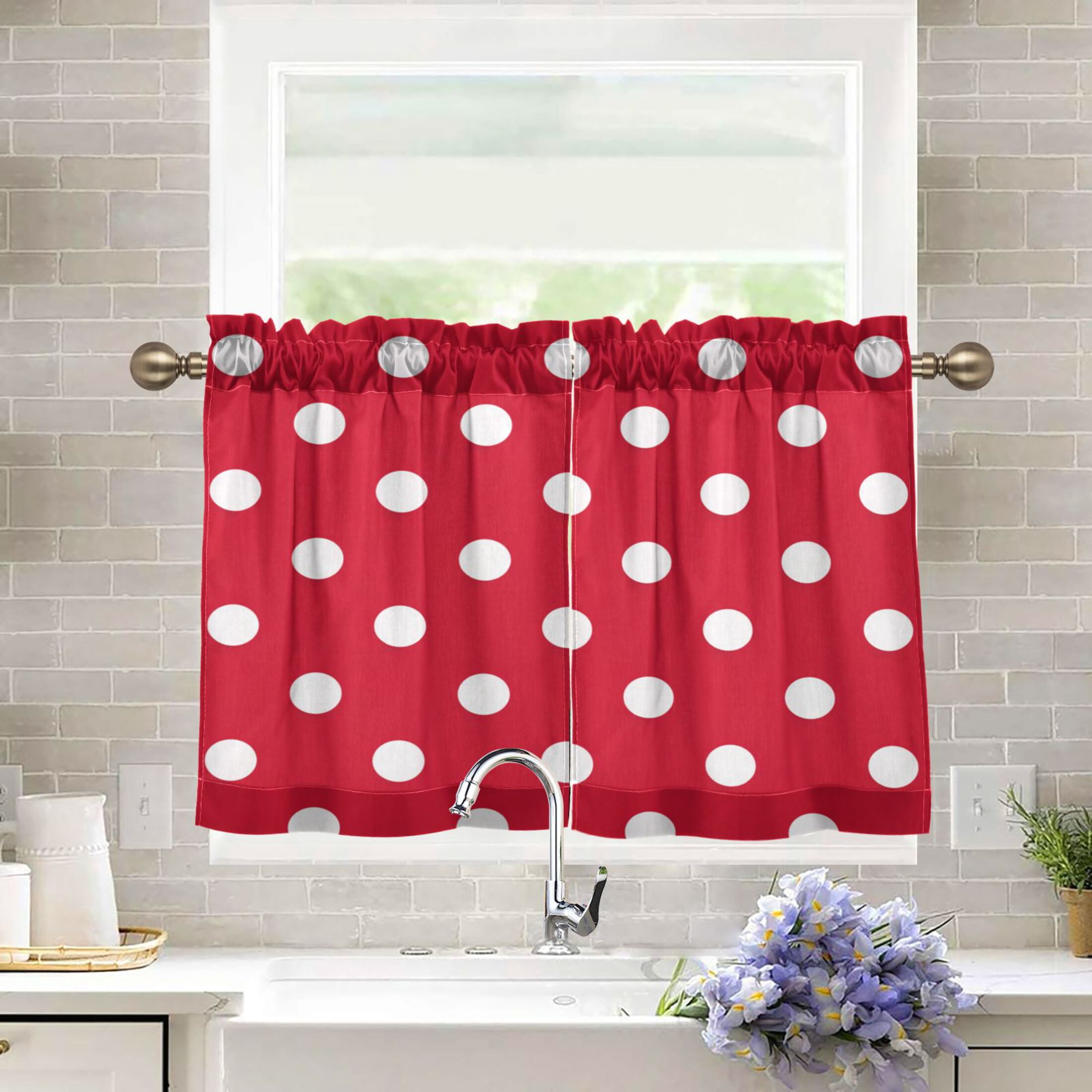 27"x36" Tier Curtains 2 Panels Vintage Red Polka Dot Semi Sheer Kitchen ...