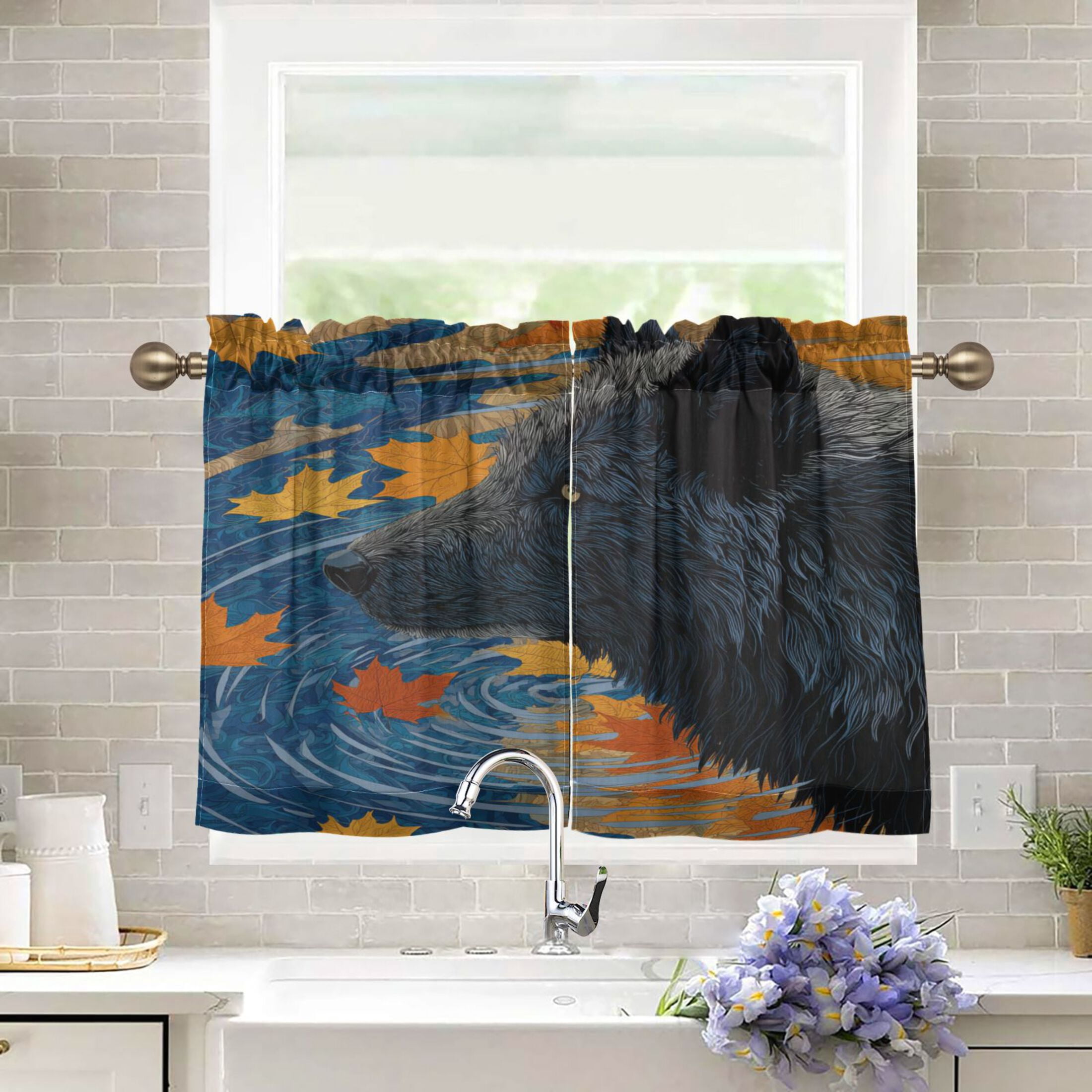 27"x36" Tier Curtains 2 Panels Wolf and Falling Leaves Semi Sheer ...