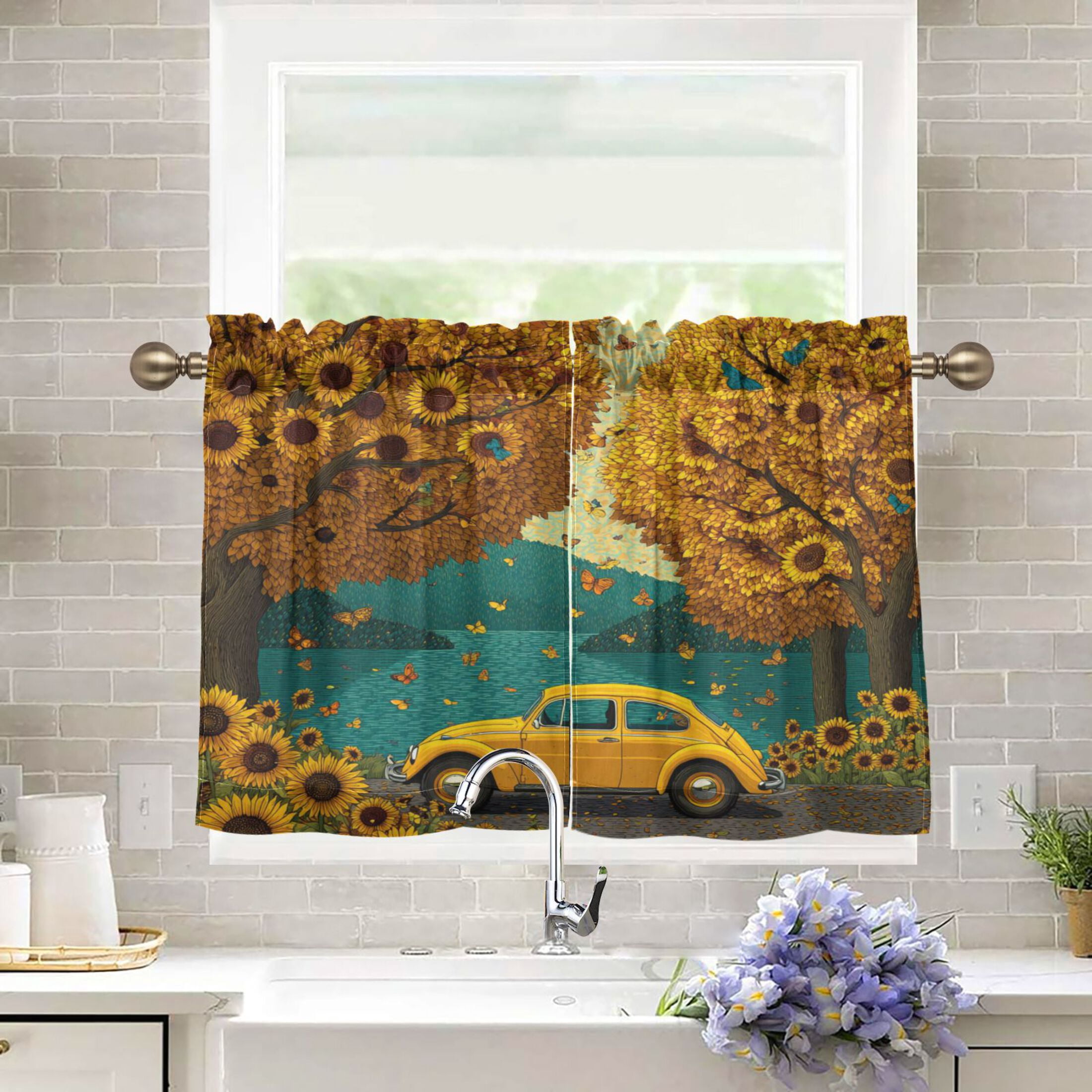 27"x36" Tier Curtains 2 Panels Yellow Vintage Sedan Semi Sheer Kitchen ...