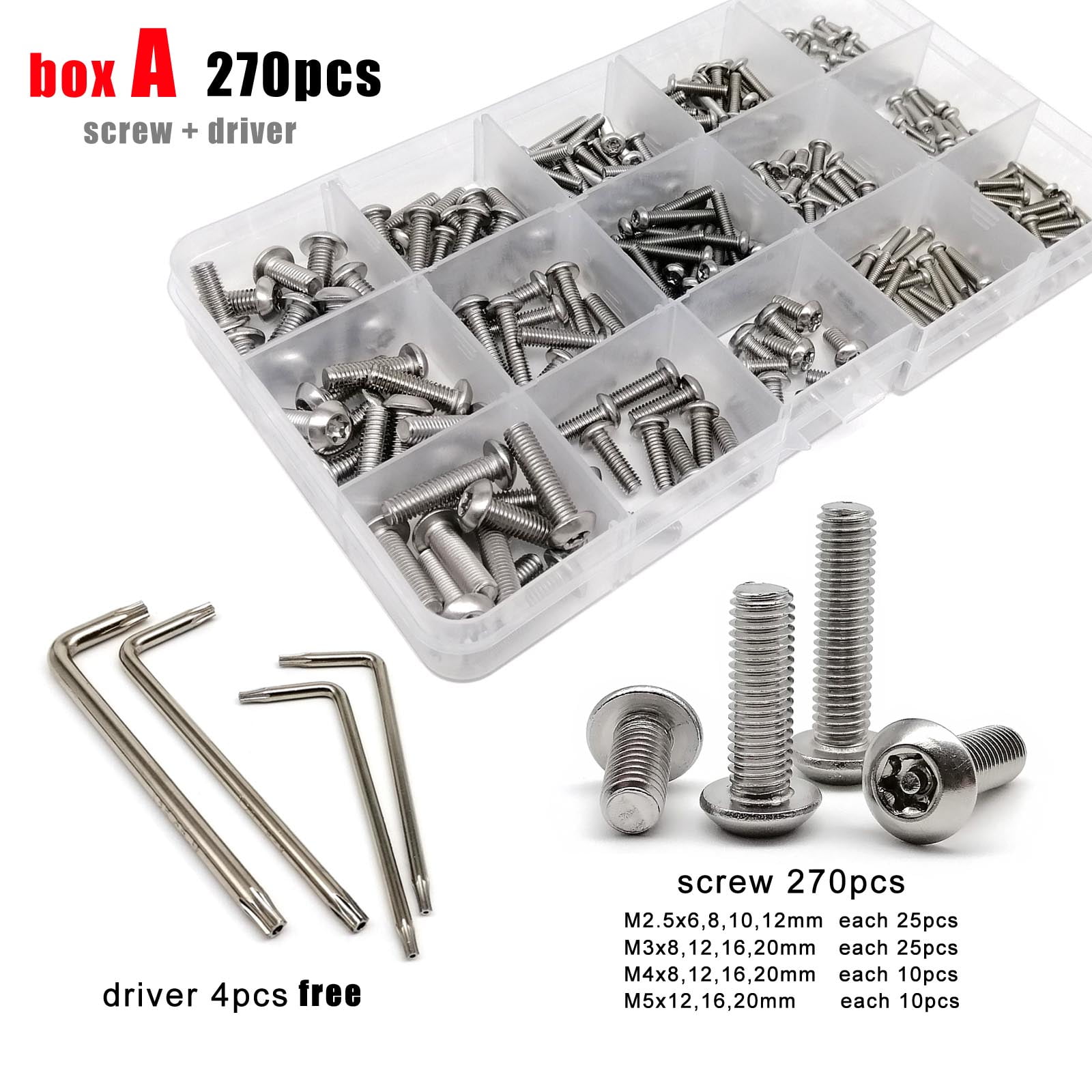 270/840pcs M2.5 M3 M4 M5 304 Stainless Steel Torx Button Round Head ...
