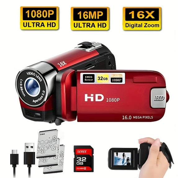 270° LED Flip Screen Camera 16x Zoom 1080P HD Wide Angle Camcorder for ...