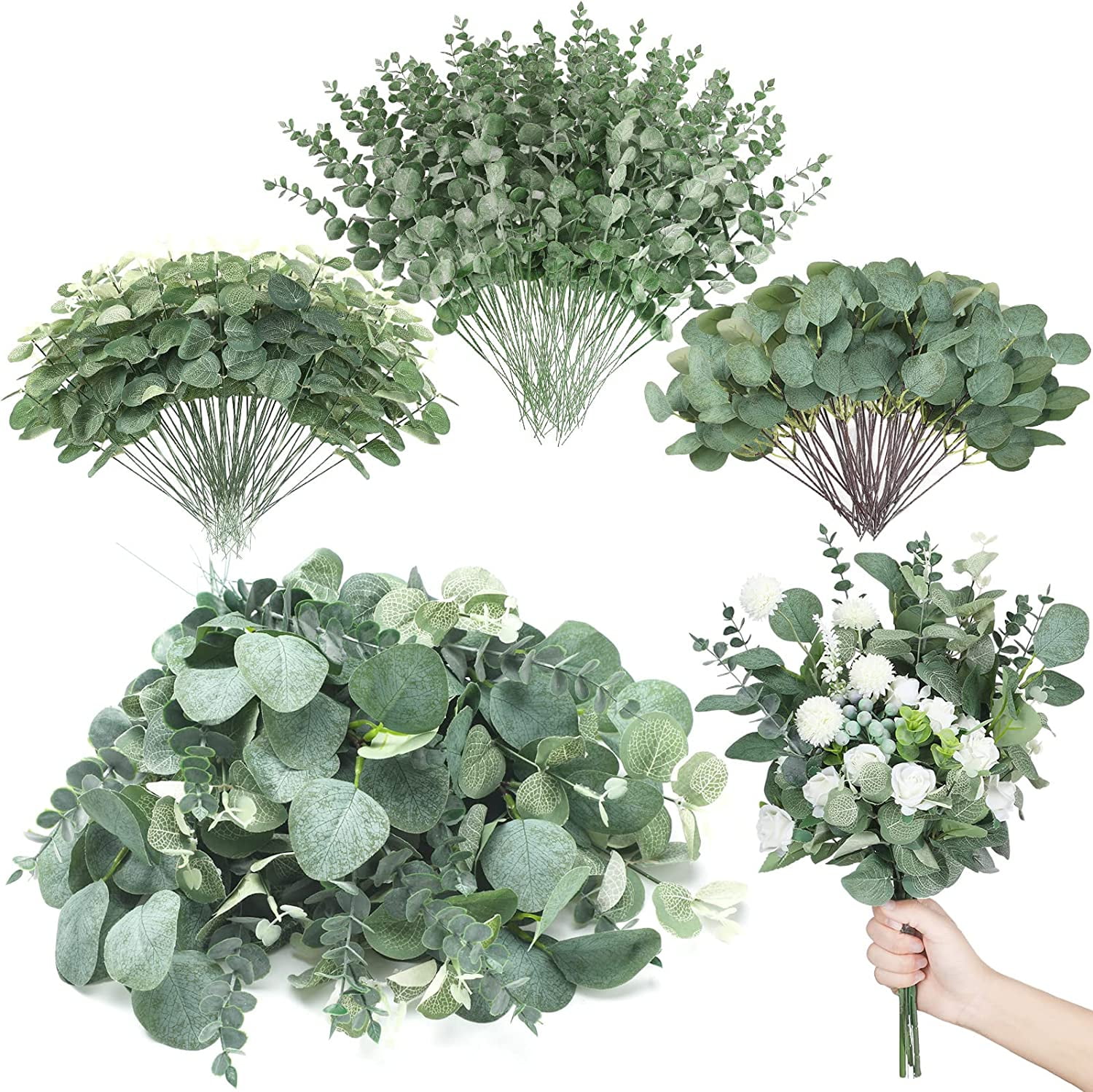 270 Pcs 3 Kinds Mixed Eucalyptus Leaves Stems Bulk Artificial Silver ...