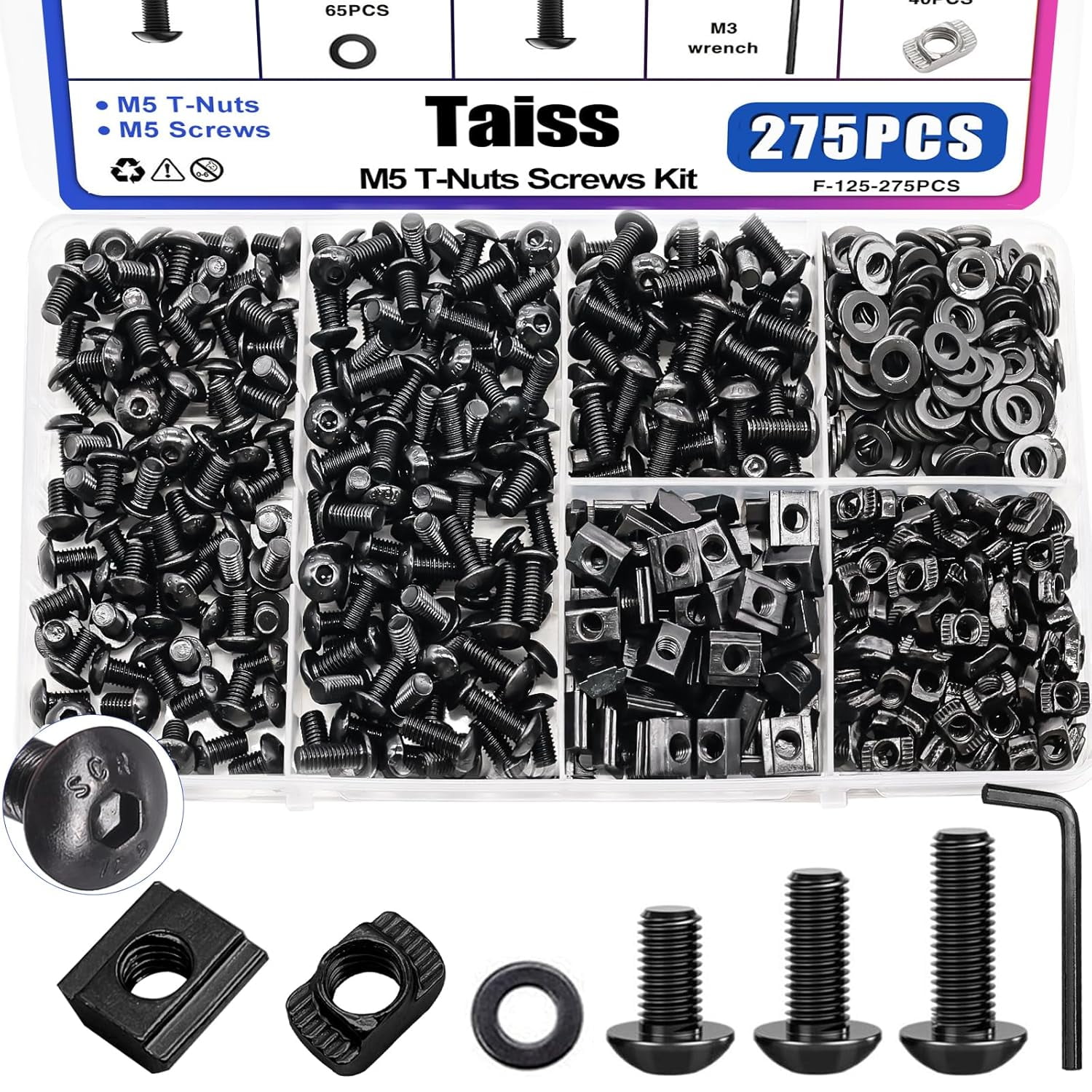 275PCS M5 T-Nuts and Bolts Kit for 2020 Aluminum Extrusion Hardware,T ...