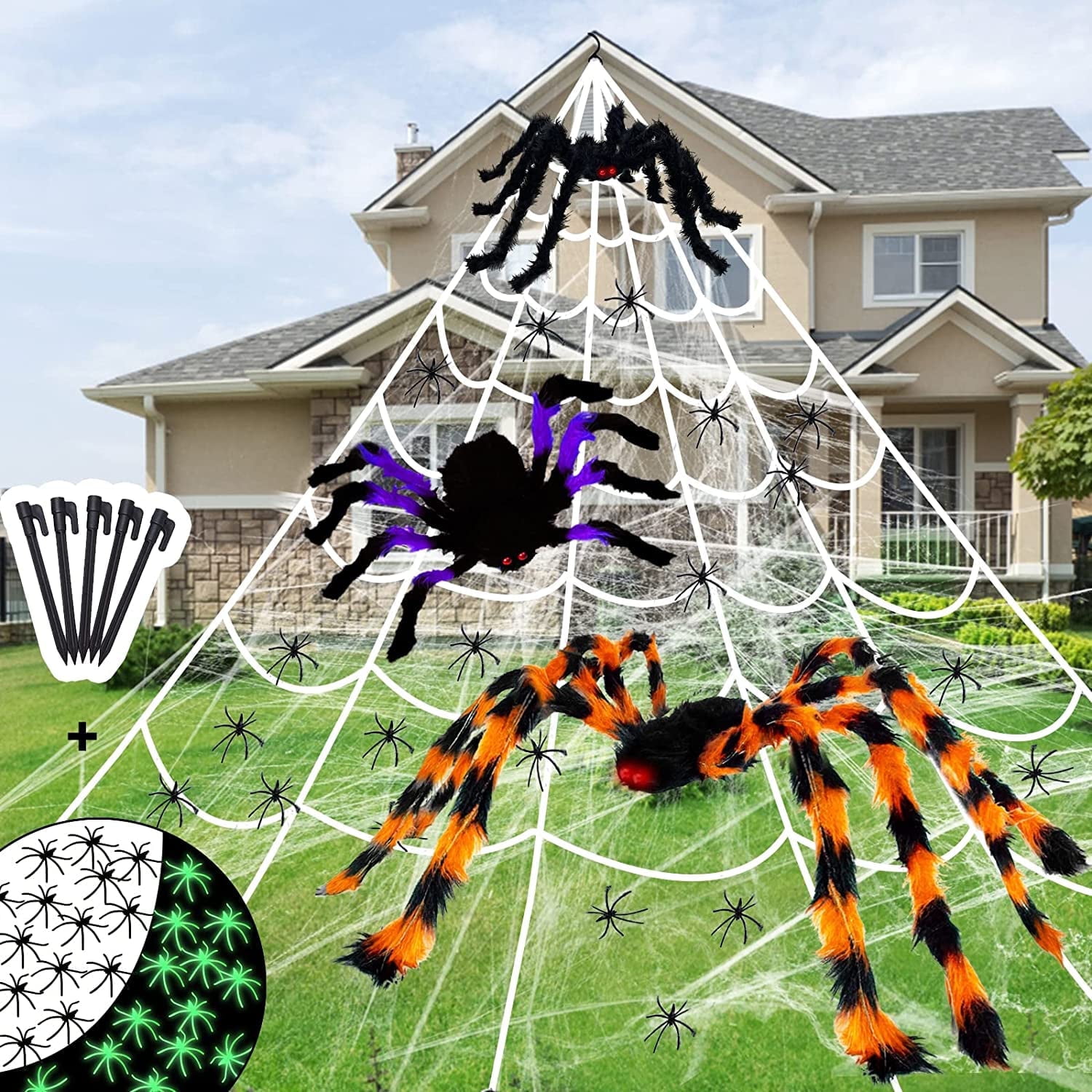 "JoyX 276"" Giant Spider Web with 3 Spiders, Stretch Cobwebs & 20 Glow ...