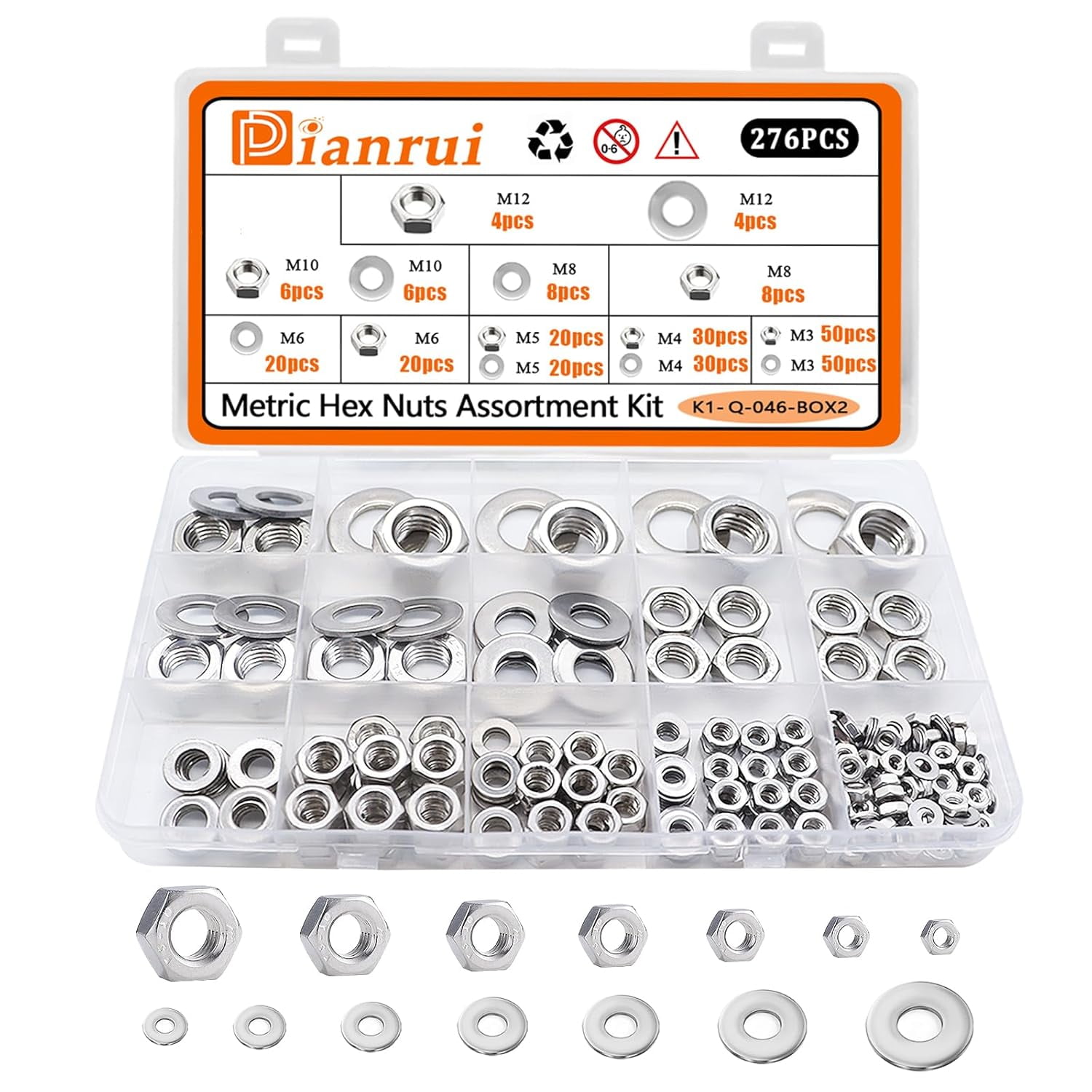 276 PCS Metric Hex Nut and Washer Assortment Kit, 7 Size Nuts and ...