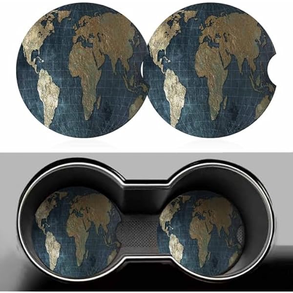 2788 World Map Car Cup Holder Coaster 2 Pack Absorbent Ceramic Car ...