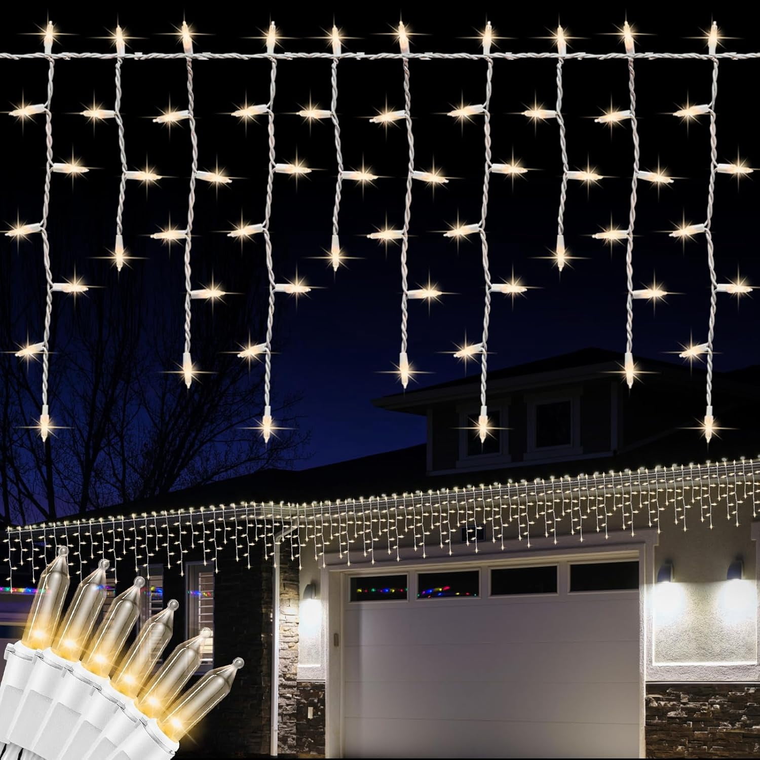 27FT 300 Clear Icicle Lights White Wire, Indoor/Outdoor Christmas ...