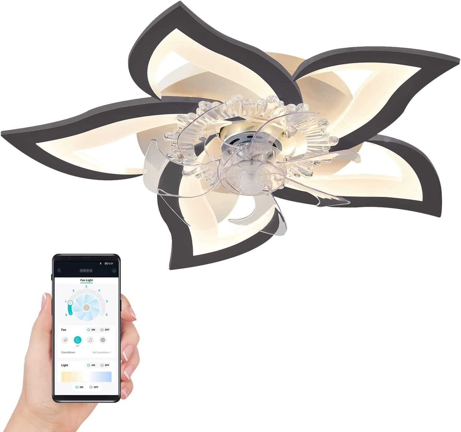 27In Black Ceiling Fans with Lights, Indoor LED Electric Modern Flush ...