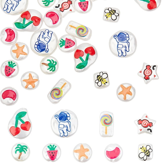 27Pcs 9 Style 3D Printed Plastic Imitation Pearl Beads Flat Round with ...