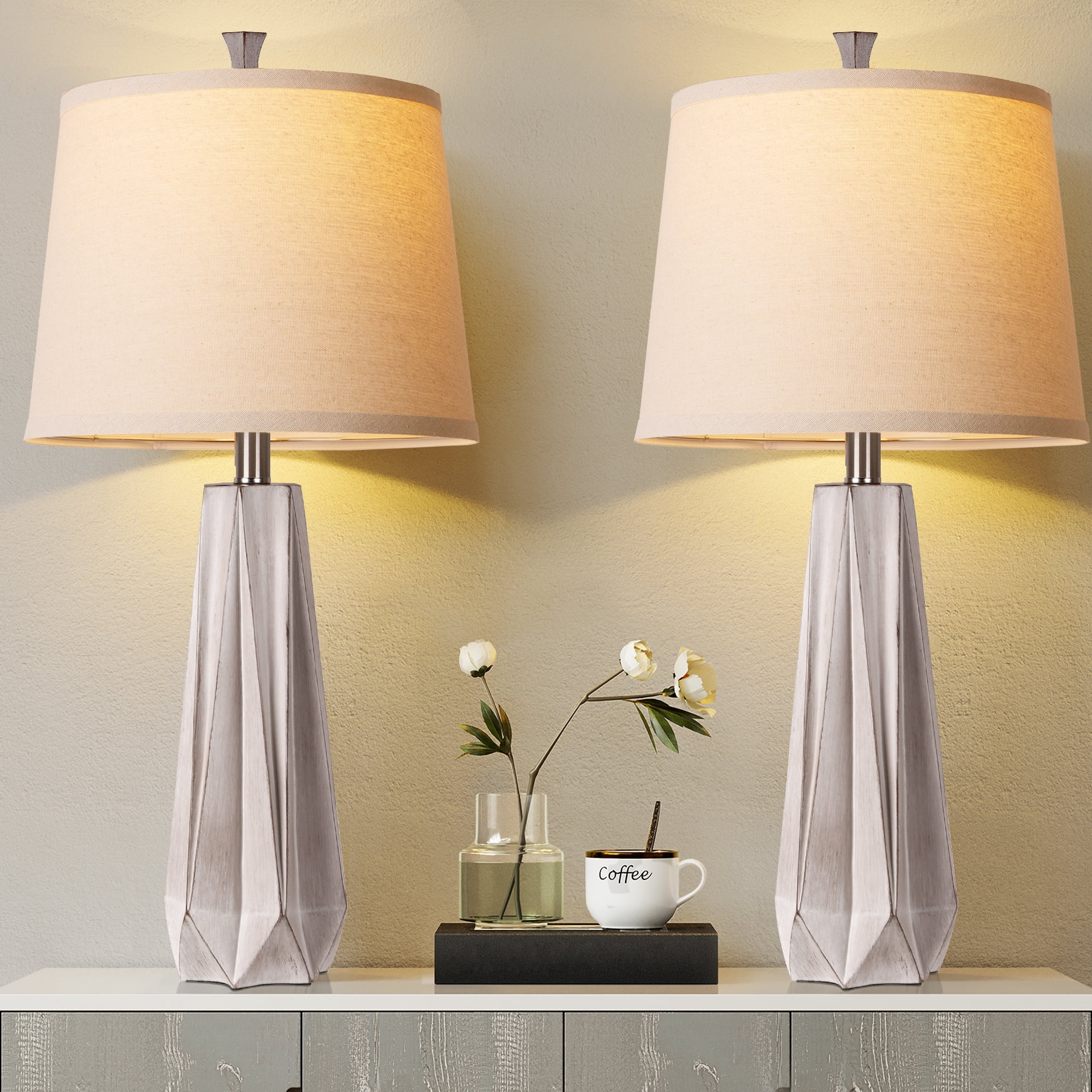 27in 3 Color Temperature Table Lamps Set of 2, Beside Lamp with Linen ...