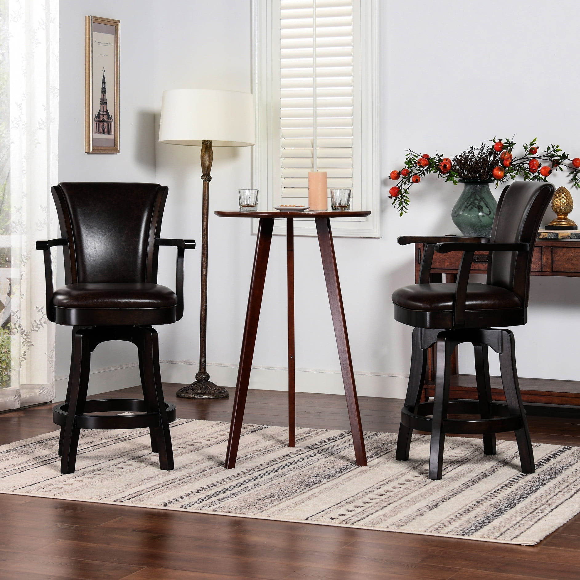 27in High Back Swivel Bar Stool, Vintage Brown Faux Leather, Solid ...