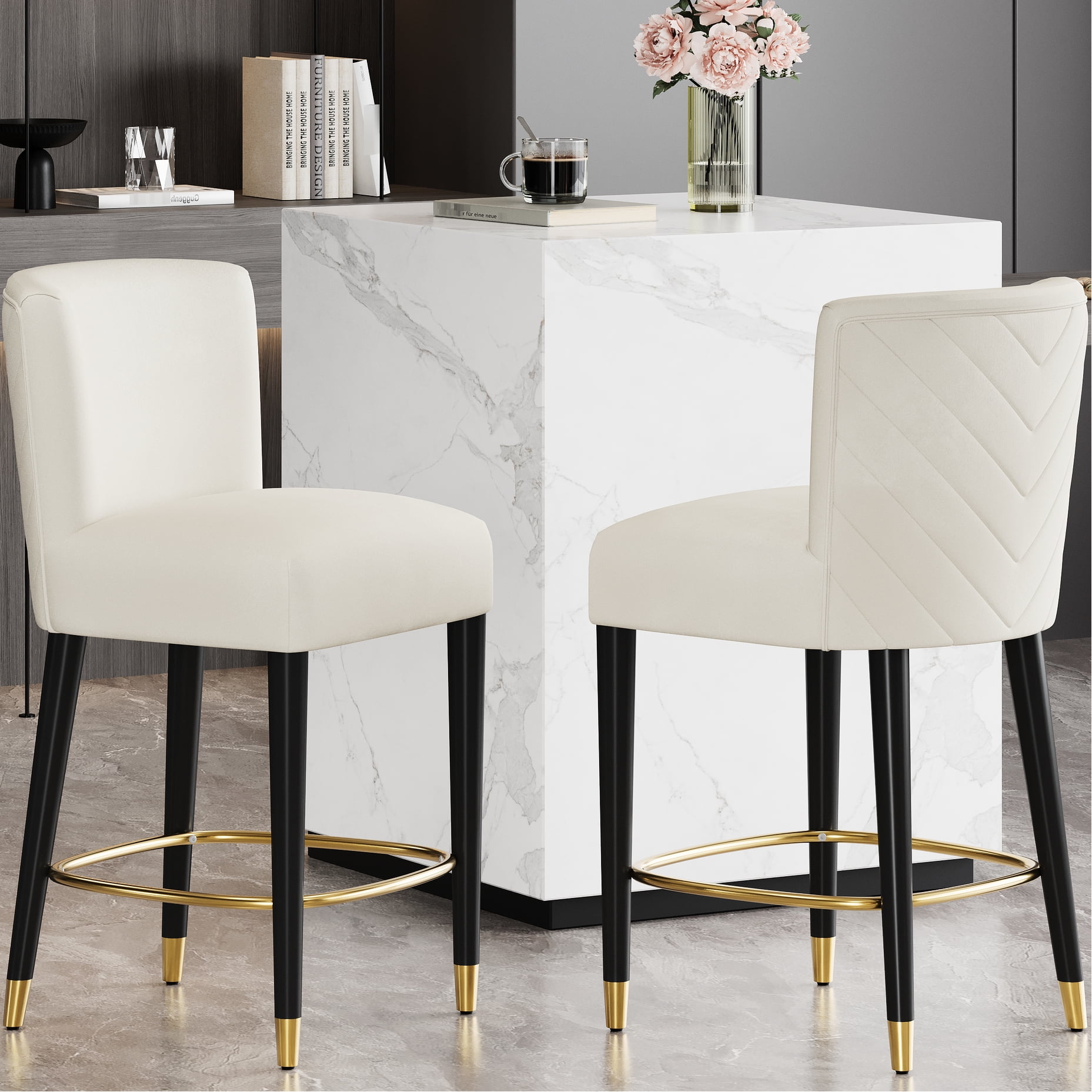 27inch Counter Stools Of 2, Beige With Elegant Footrest, Gold Finish ...