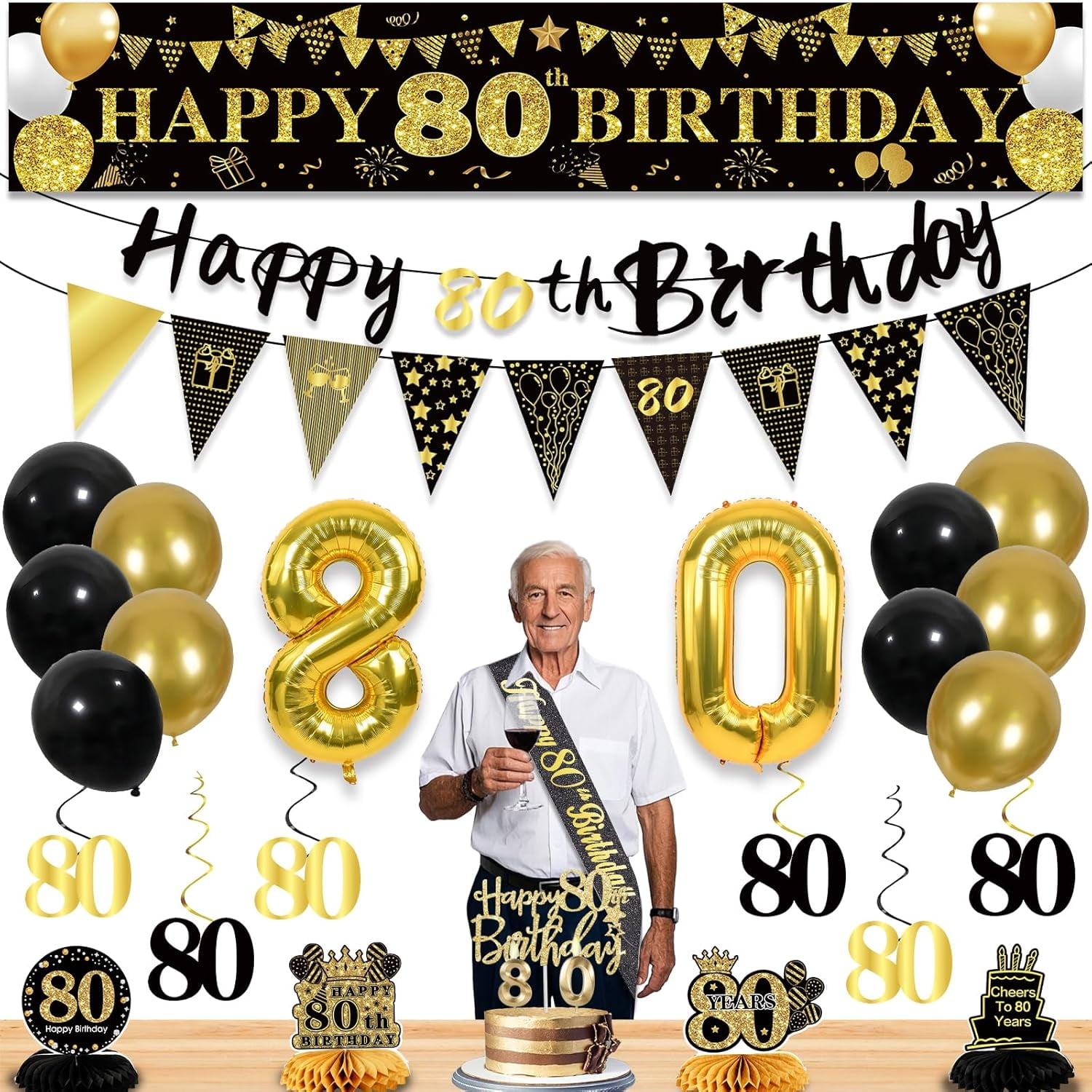 27pcs 80th Birthday Decorations for Men, Black Gold 80th Party ...