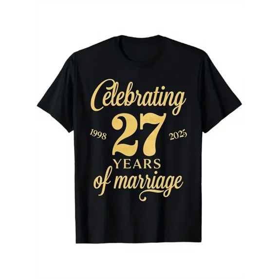 27th Wedding Anniversary T-Shirt Gift, Golden Print Matching Bands ...
