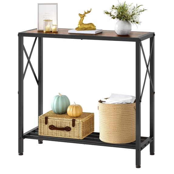 28.3 Inch Narrow Console Table 2 Tier Entryway Shelf Rustic Brown Small ...