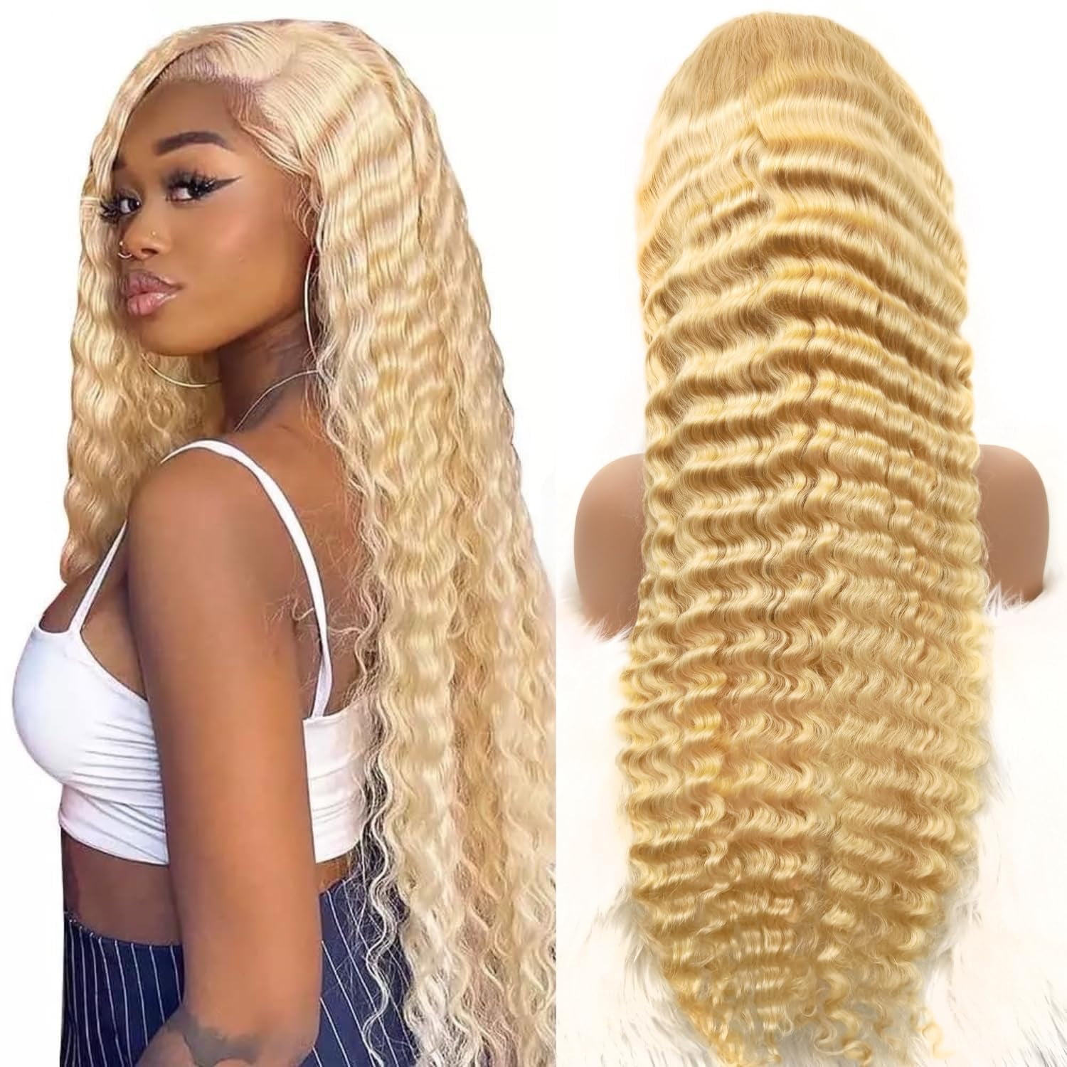 28" 613 Deep Wave Wig Human Hair, 13x6 Blonde Lace Front Wigs Human ...