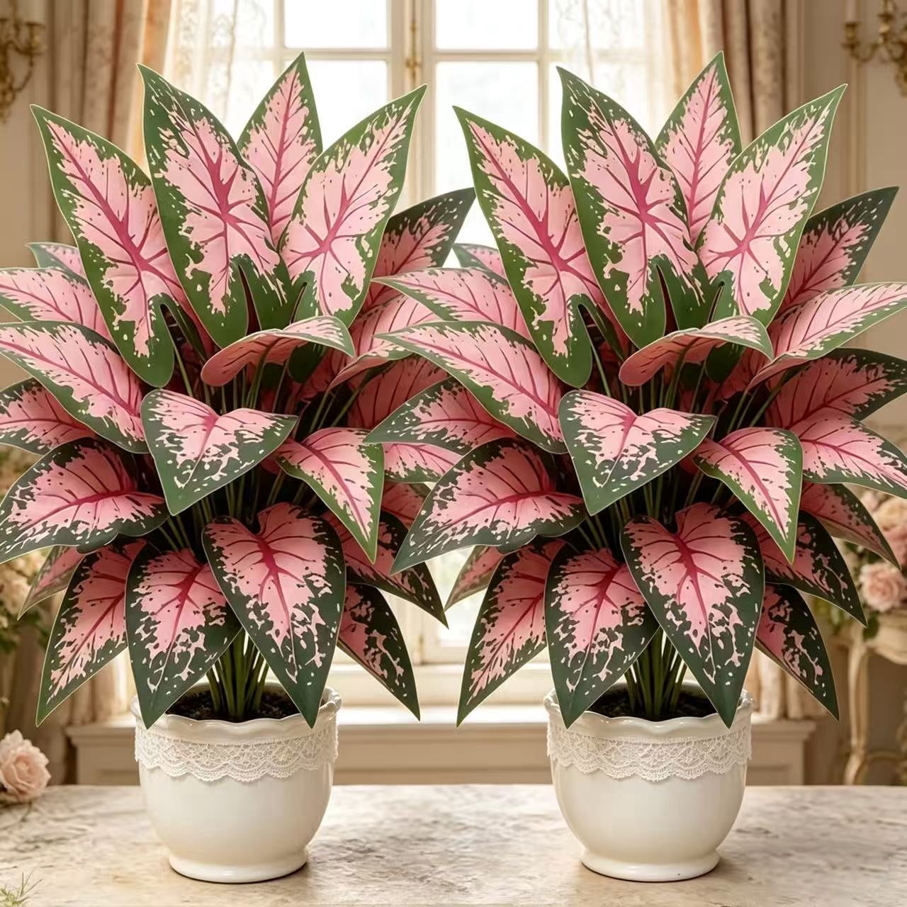 28.74 Inch Artificial Caladium Plants, Faux Pink Green Leaf Plants for ...