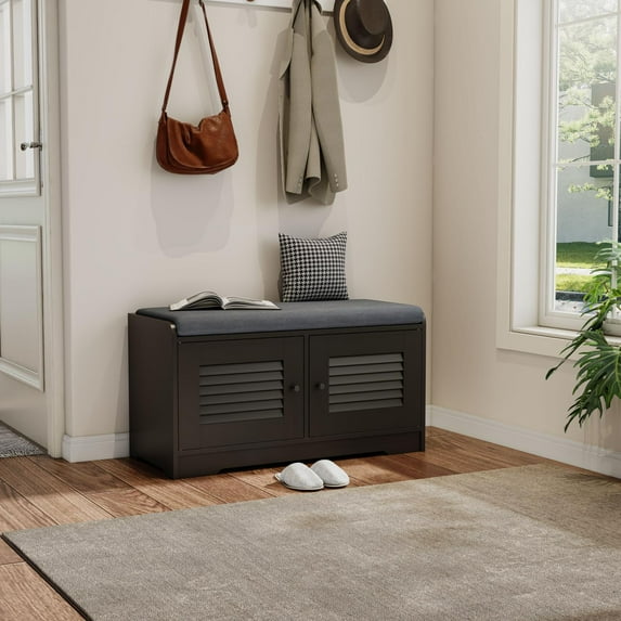 28.74 Inch Black Shoe Storage Bench, Features 2 Door Cabinet, Removable ...