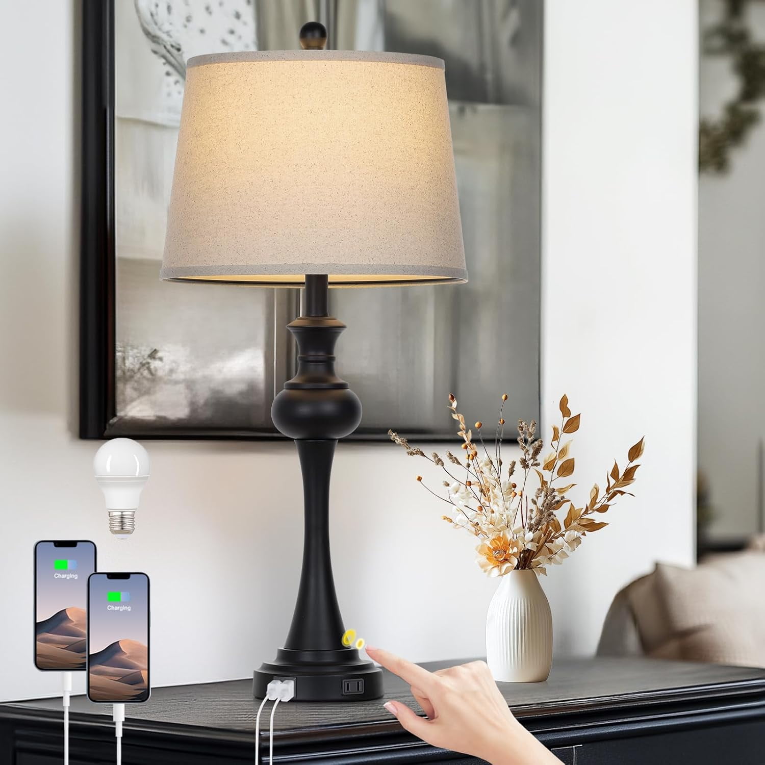 28.75'' Modern Black Metal Table Lamps Living Room Lamp for Nightstand ...