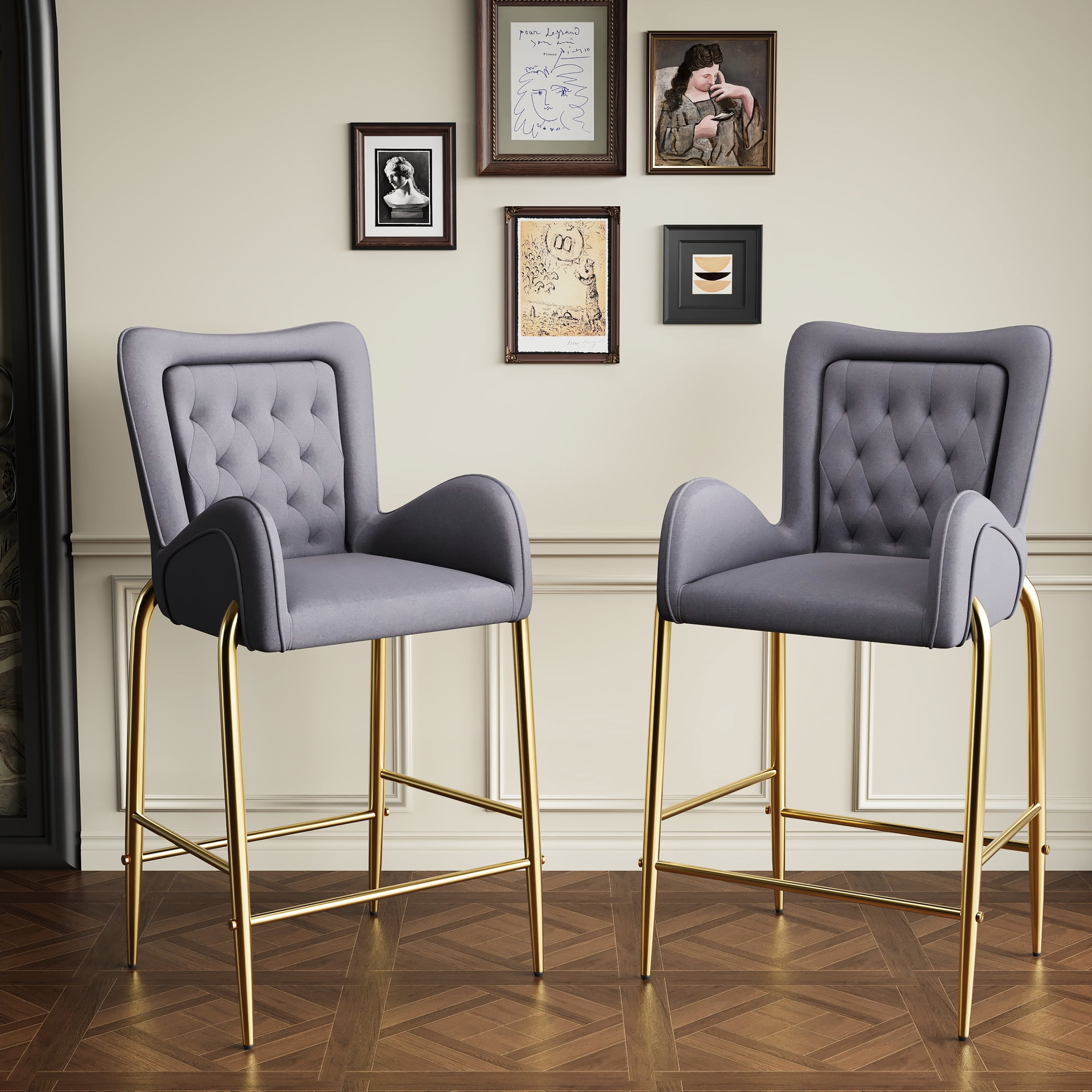 28.75inch Counter Height Bar Stools (2), Gray Velvet, Golden Metal Legs ...