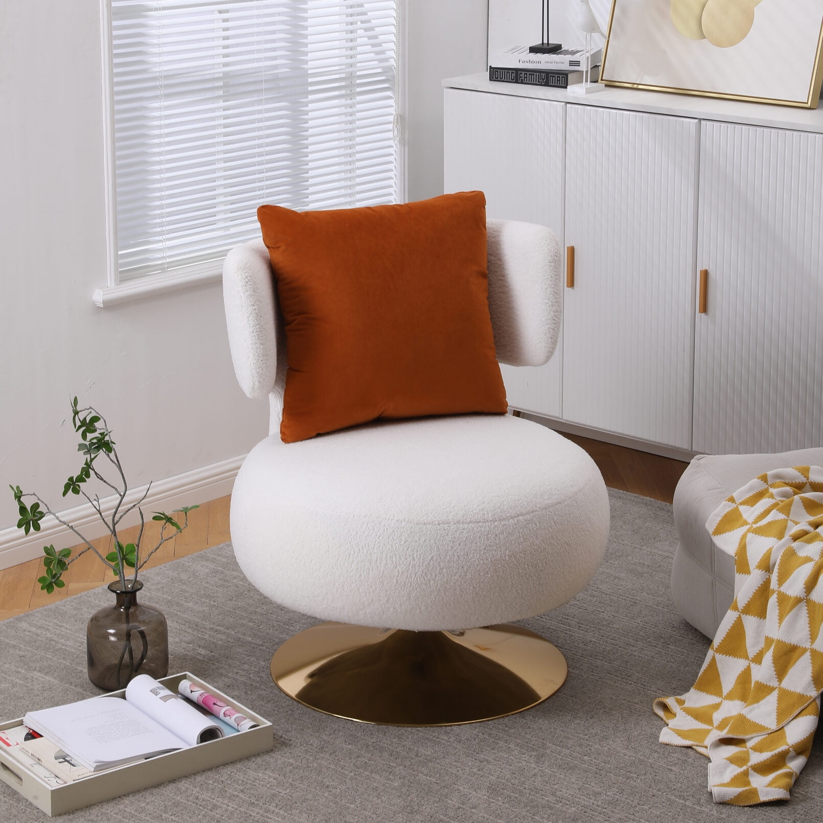 28.8" Swivel High-back Chair, Modern Round Chair with Faux Fur ...