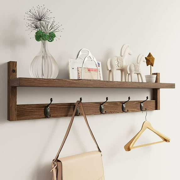 28.9 Inch Length Shelf with Hooks Entryway Coat Rack Wall Mount Wood ...