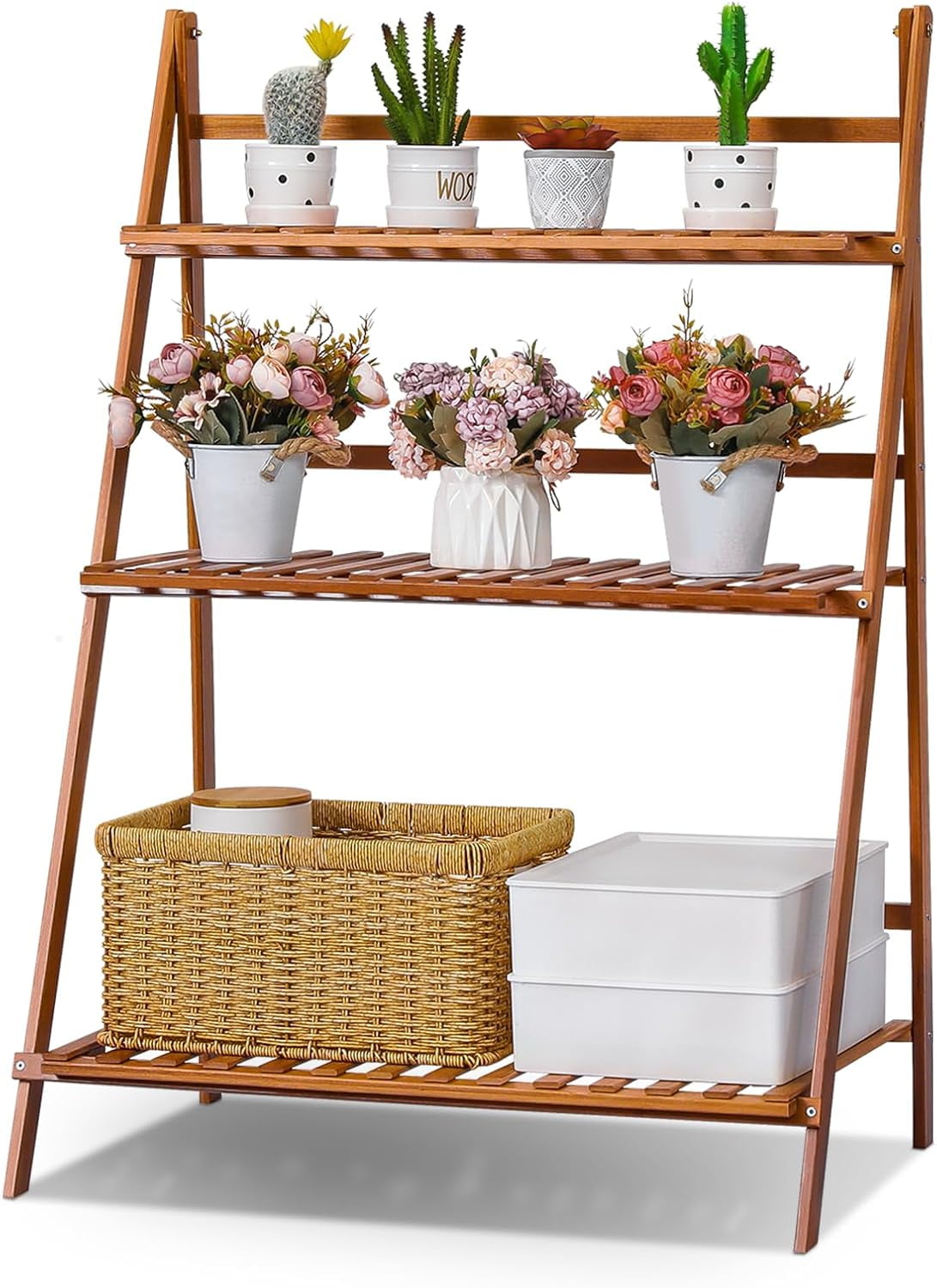 28" Bamboo Ladder Plant Stand 3 Tiers Foldable Flower Pot Display Shelf ...