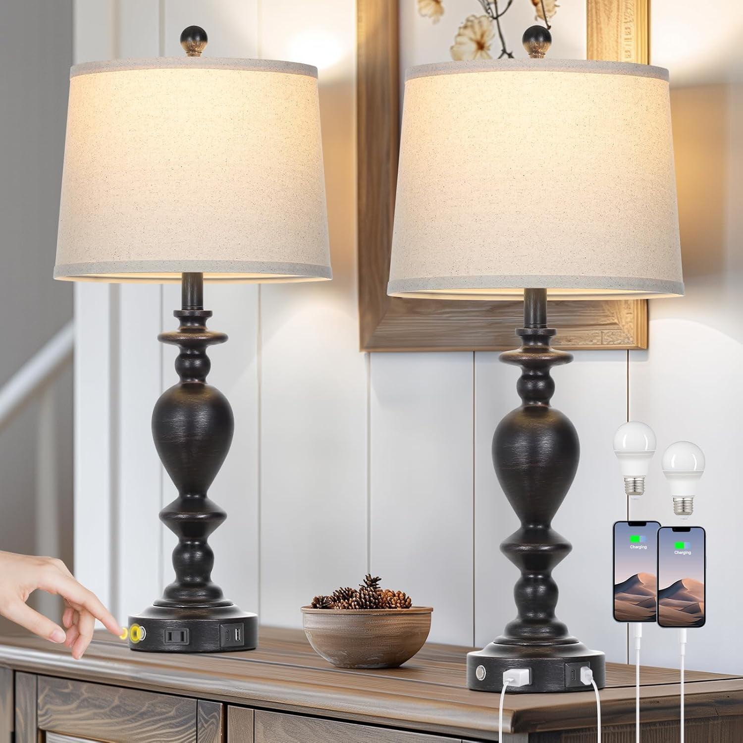 28" Black Farmhouse Table Lamps Set of 2 with USB C+A Ports & AC Outlet ...
