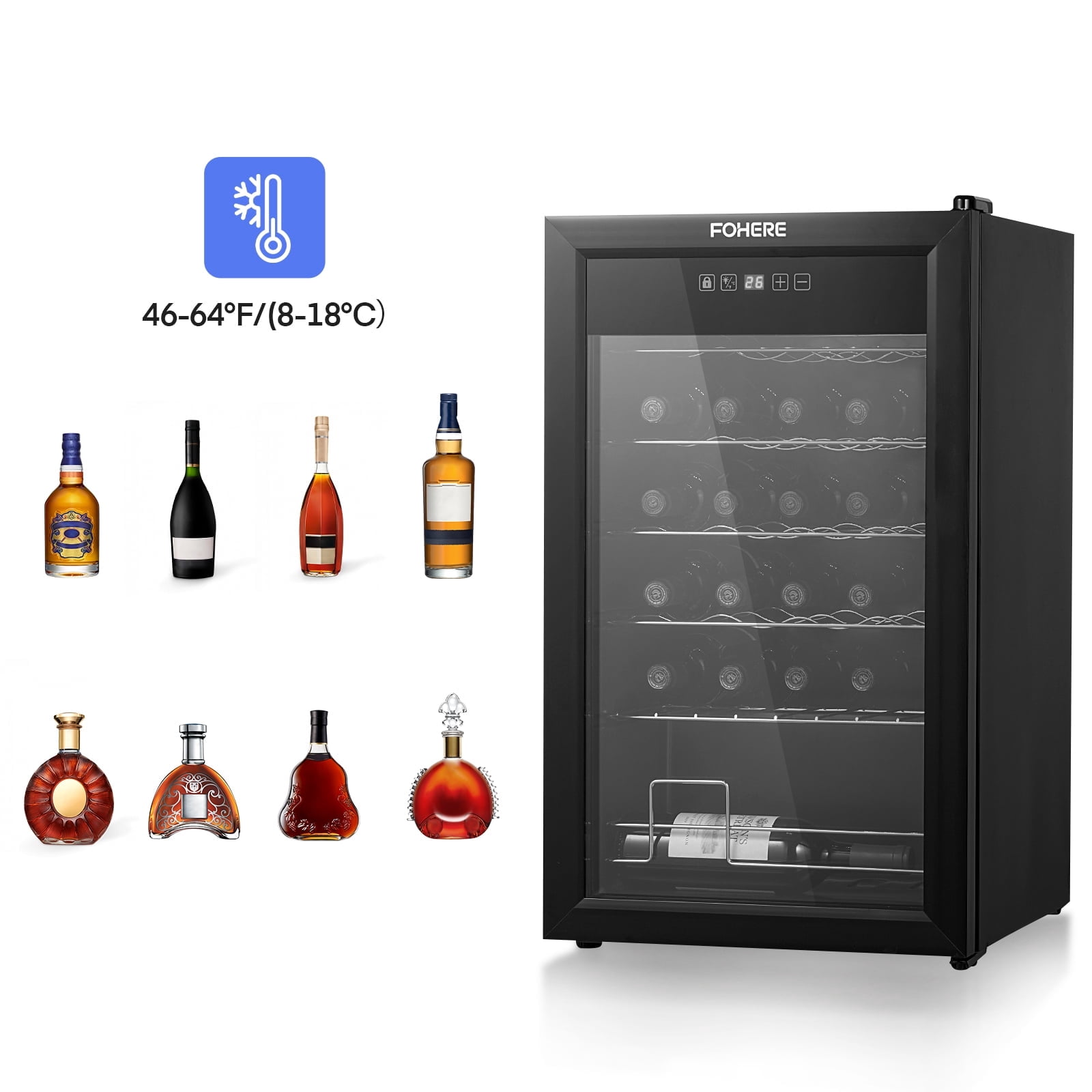 28 Bottles Wine Refrigerator, Freestanding Wine Cellar with LED Light ...