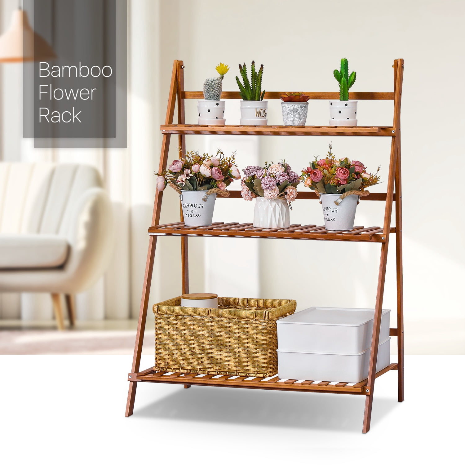 28"Brown Bamboo [FOLDABLE FLOWER SHELVES] 3-Tier Garden Stair Plant ...