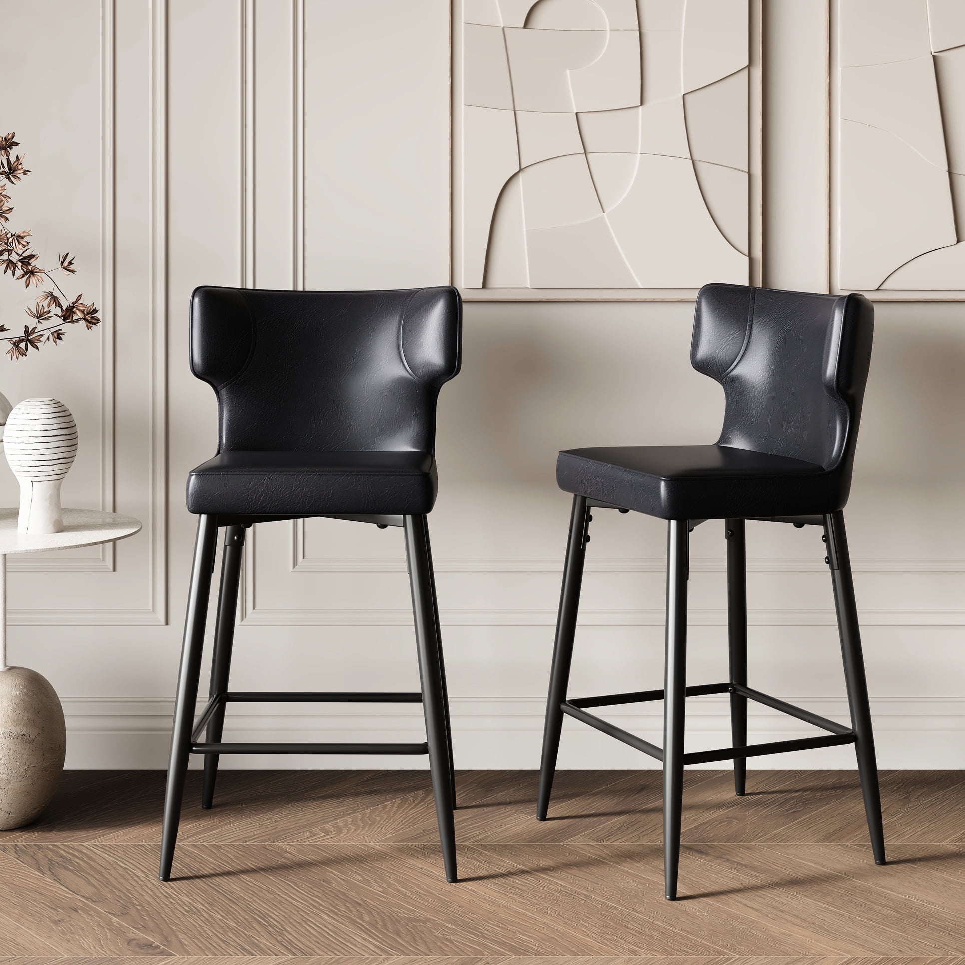 28" Counter Height Bar Stools Of 2, Black Pu Leather Covered Chairs ...