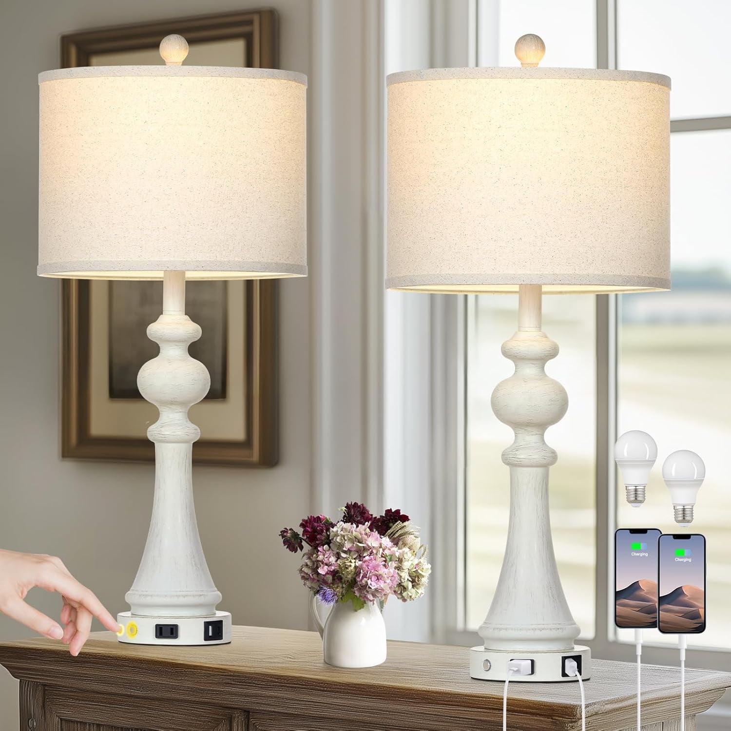 28" Farmhouse Lamps Set of 2, Vintage 3-Way Dimmable Touch Control ...