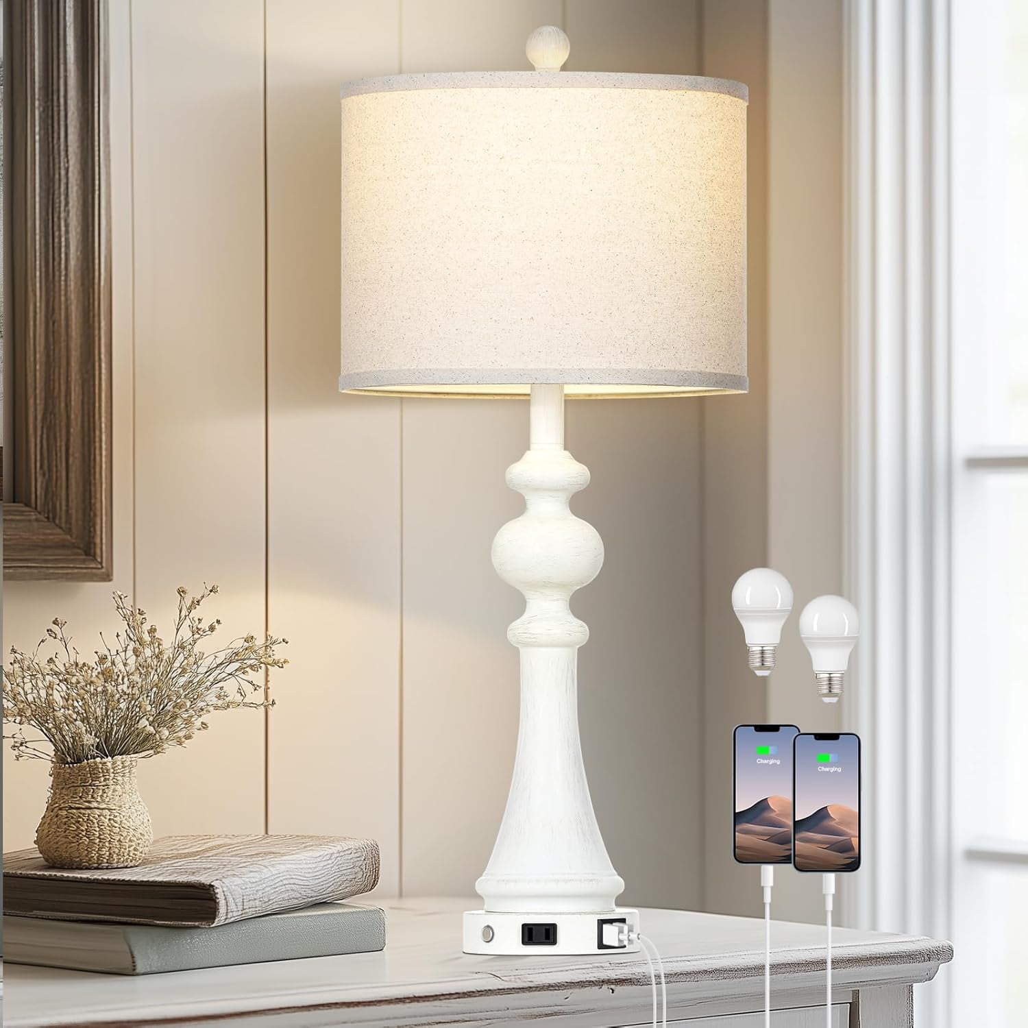 28" Farmhouse Table Lamp with USB A+C Fast Ports & AC Outlets, Vintage ...