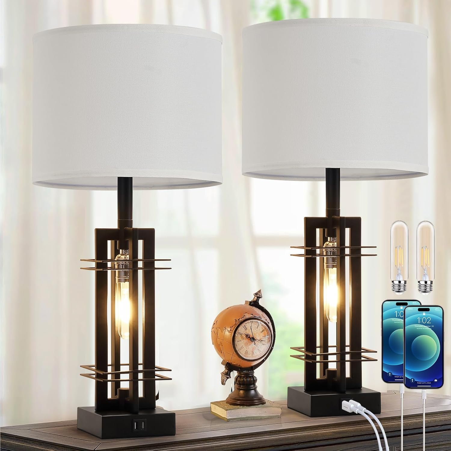 28" Farmhouse Table Lamps Set of 2 with 2 USB Ports, 2-Light Tall ...