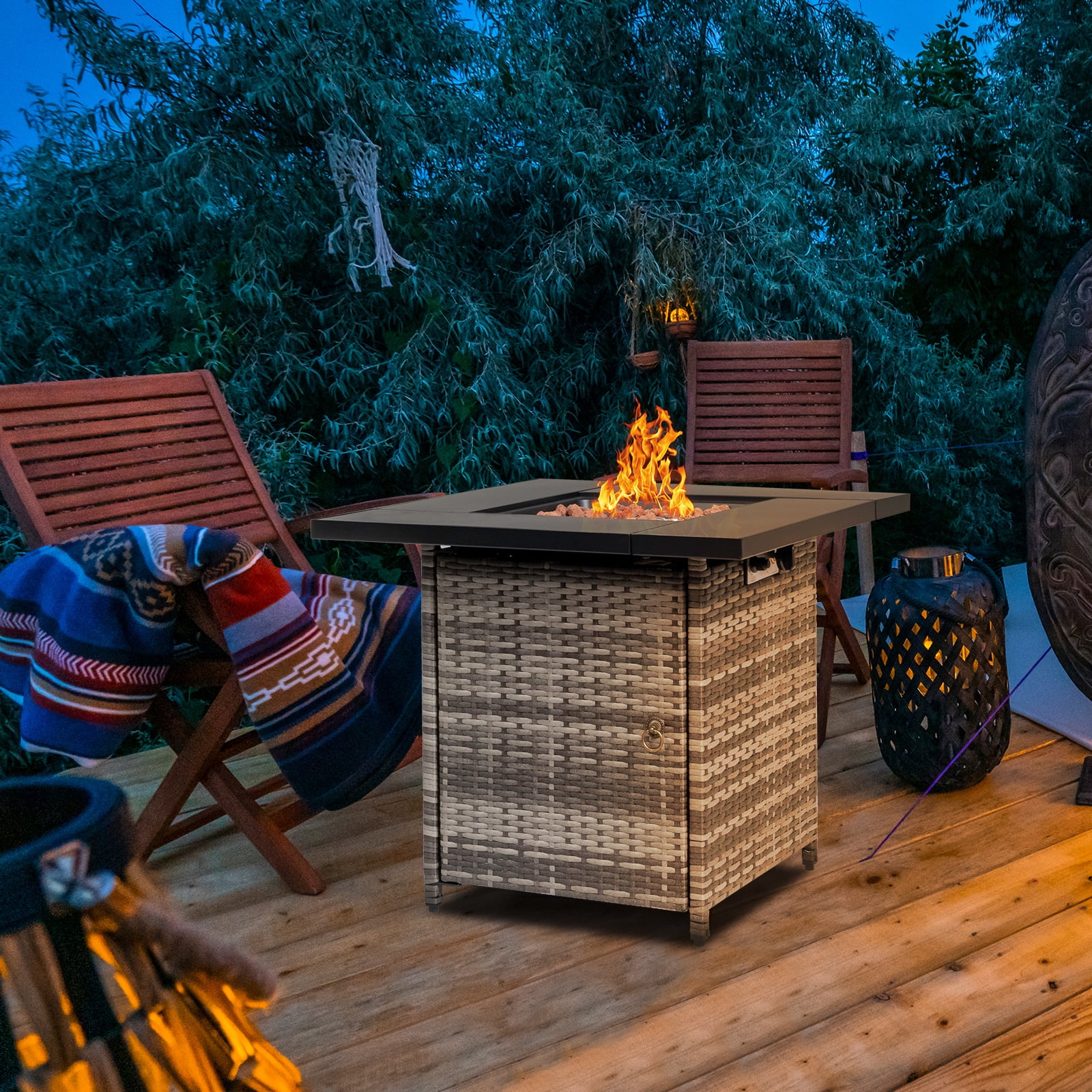 28" Fire Pit Table, Propane Fire Pit with Lid, Lava Rocks, 50000 BTU ...